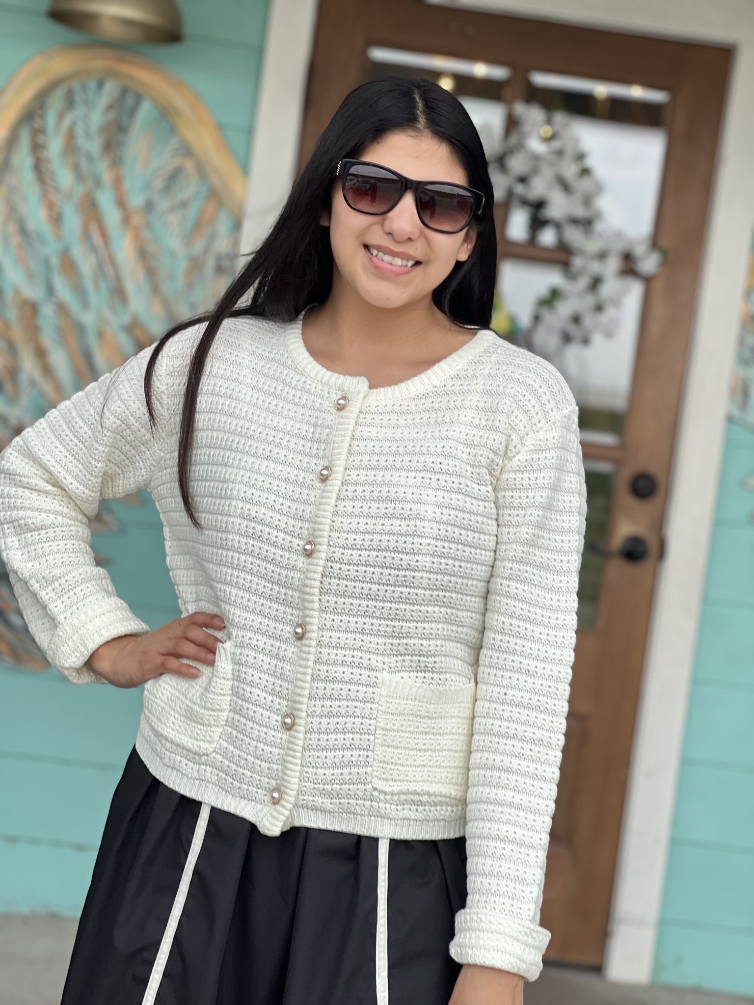 Ivory Pearl Button Cardigan - Rhinestone Angel