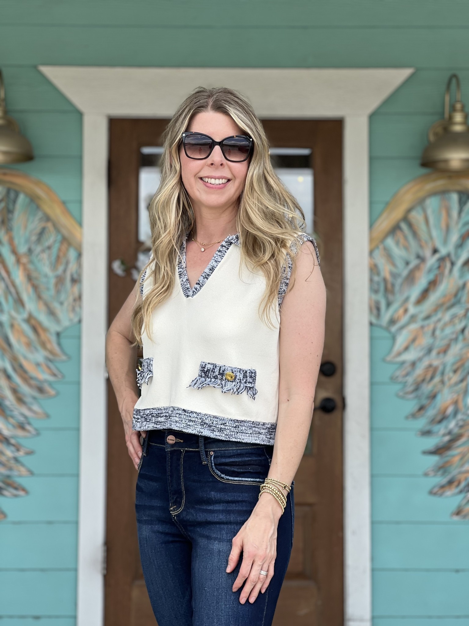 Ecru & Blue Top Gold Button Detail - Rhinestone Angel