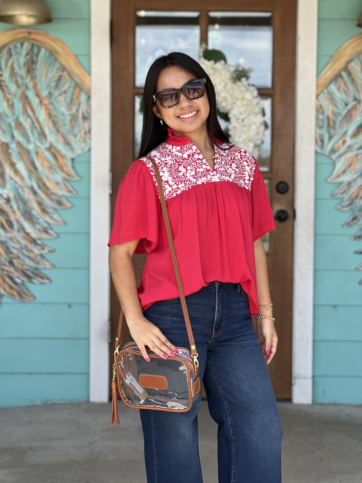 Red Embroidered Gabrielle Top - Rhinestone Angel