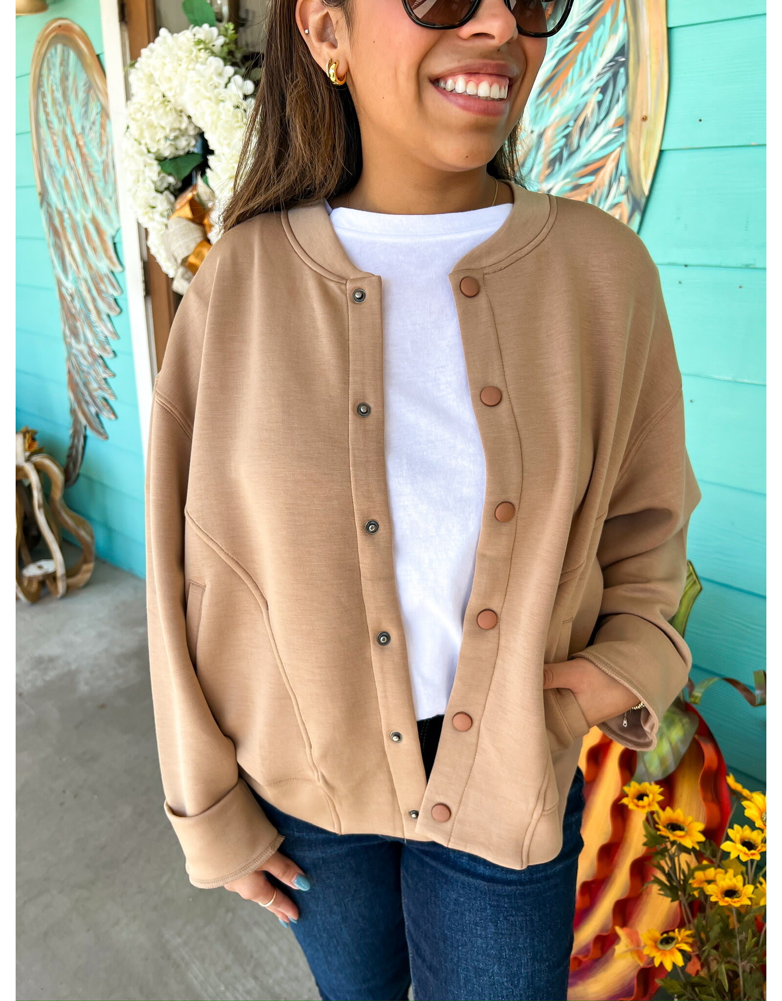 Caramel Cloud Fleece Bomber Jacket - Rhinestone Angel