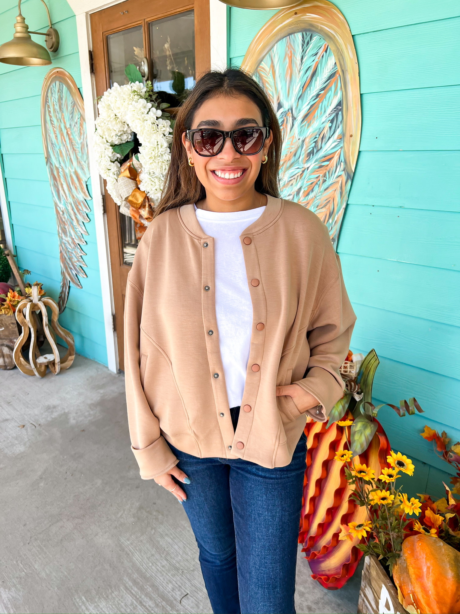 Caramel Cloud Fleece Bomber Jacket - Rhinestone Angel