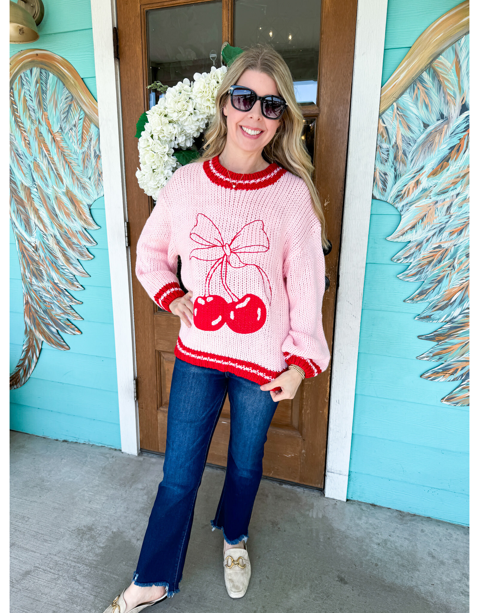 Light Pink Cherry Ribbon Sweater - Rhinestone Angel