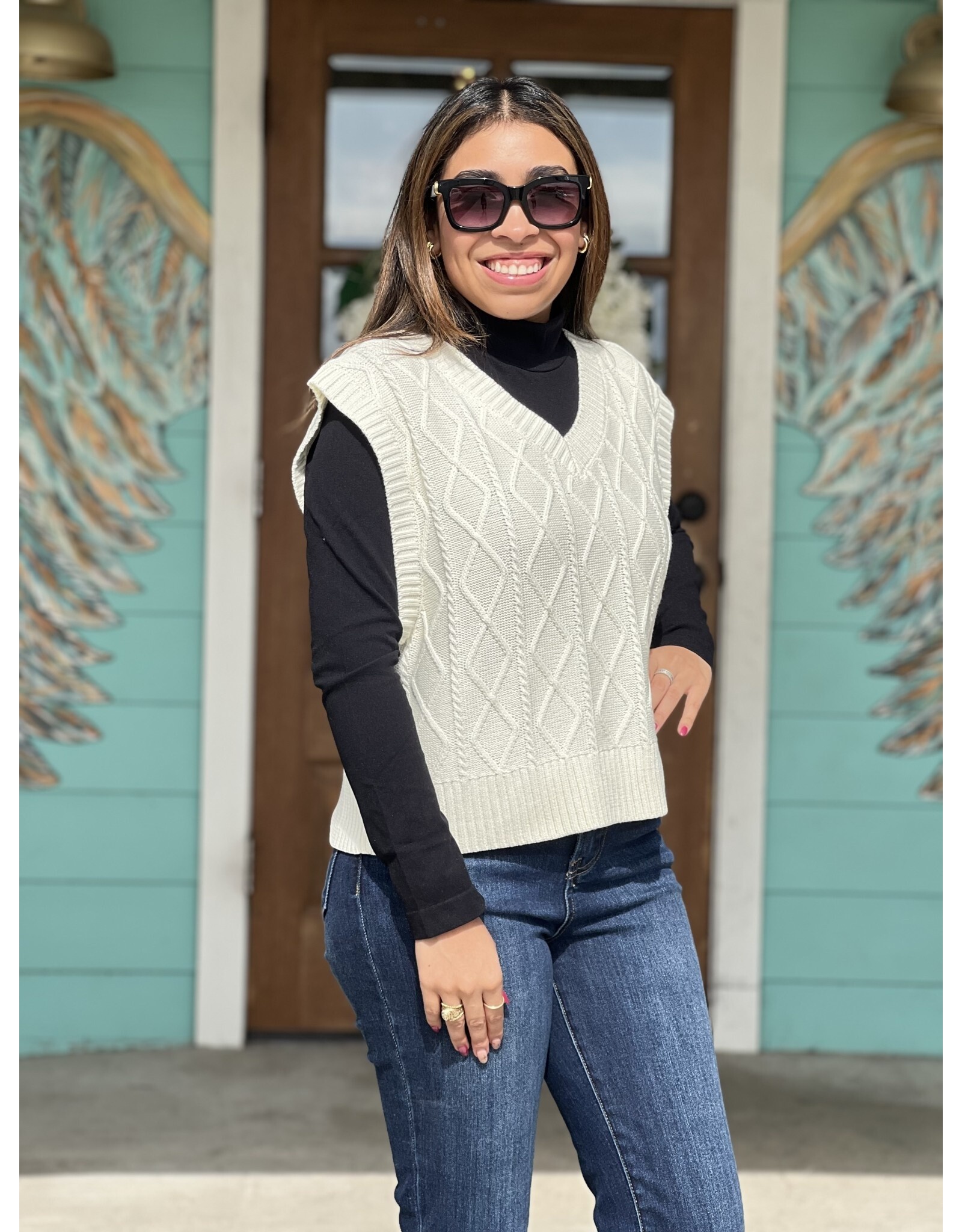 Ivory Cable Knit Sweater Vest - Rhinestone Angel