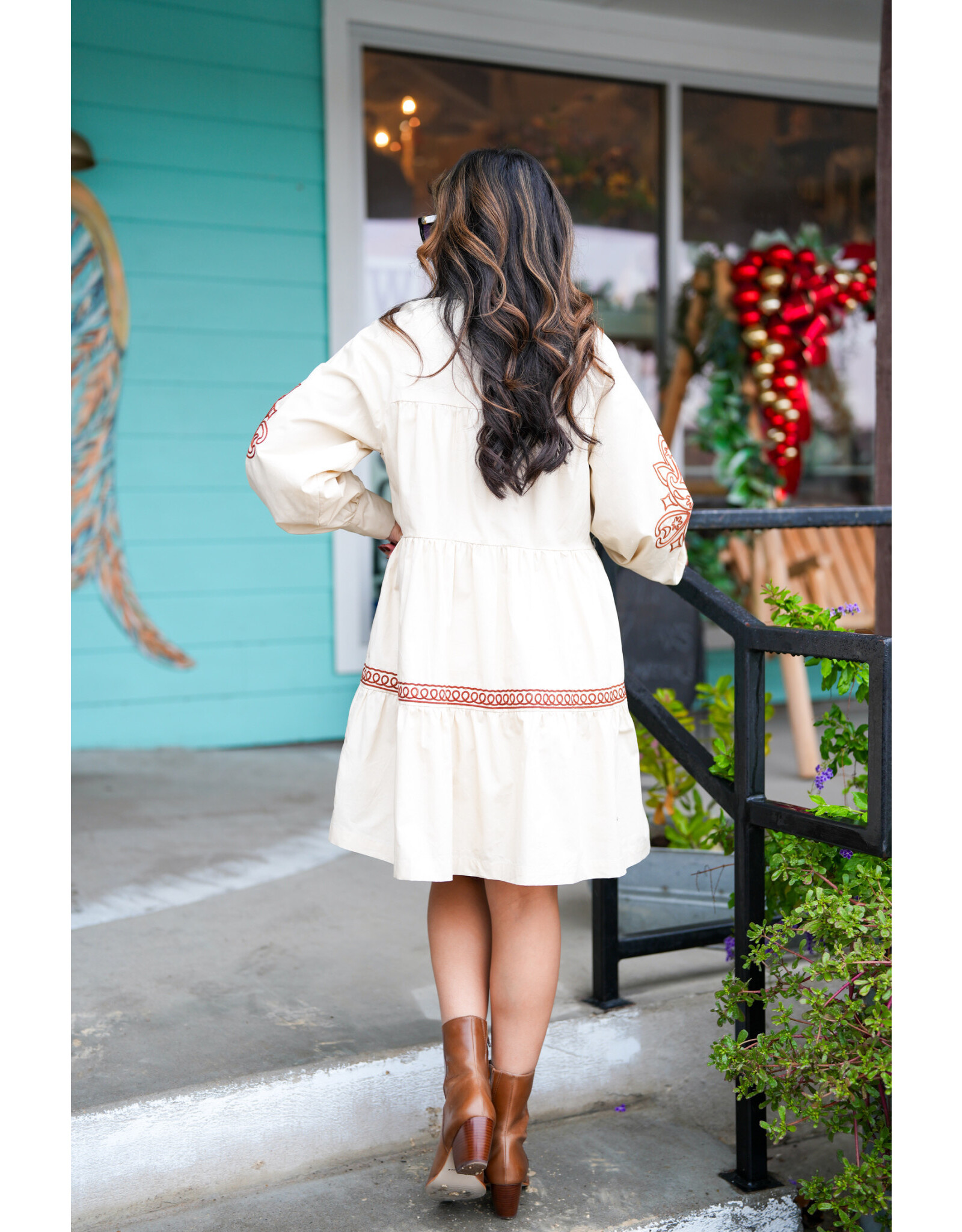 Ivory & Mocha Embroidered Piping Dress - Rhinestone Angel