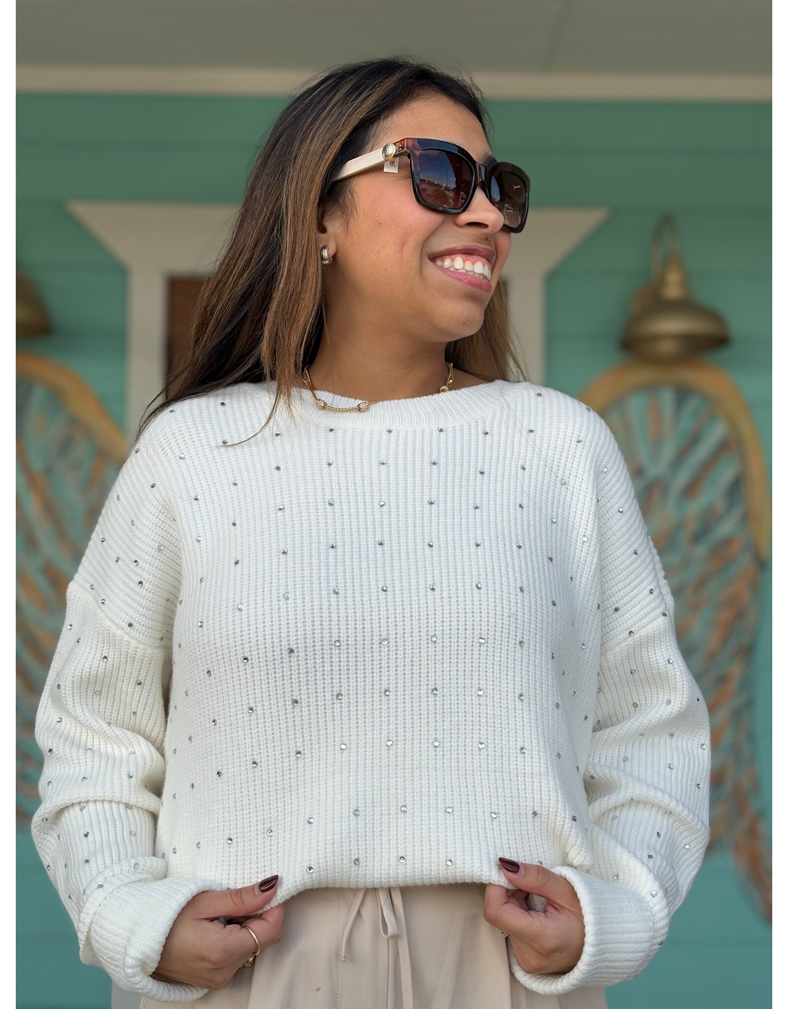 Cream Rhinestone Detail Sweater - Rhinestone Angel