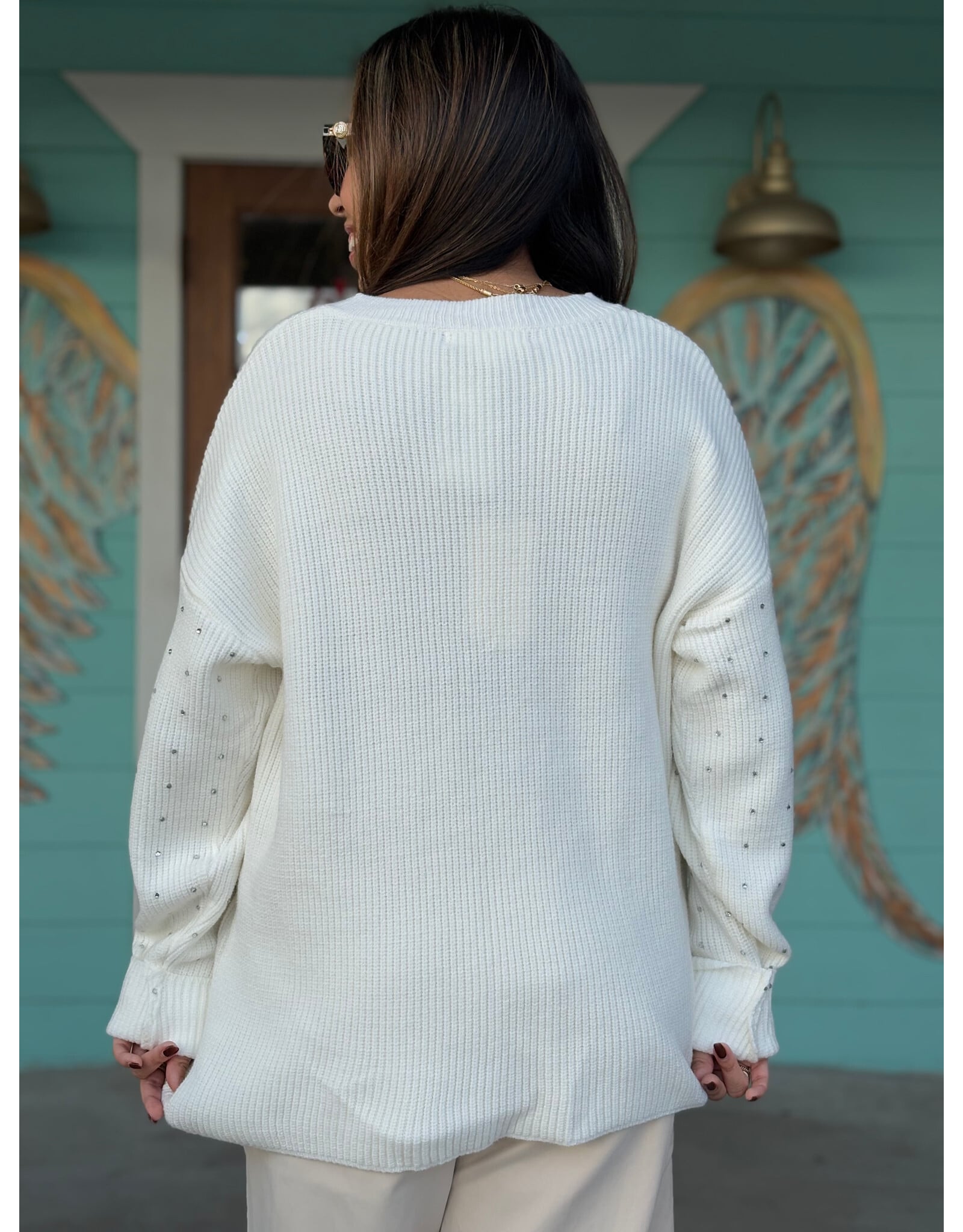 Cream Rhinestone Detail Sweater - Rhinestone Angel