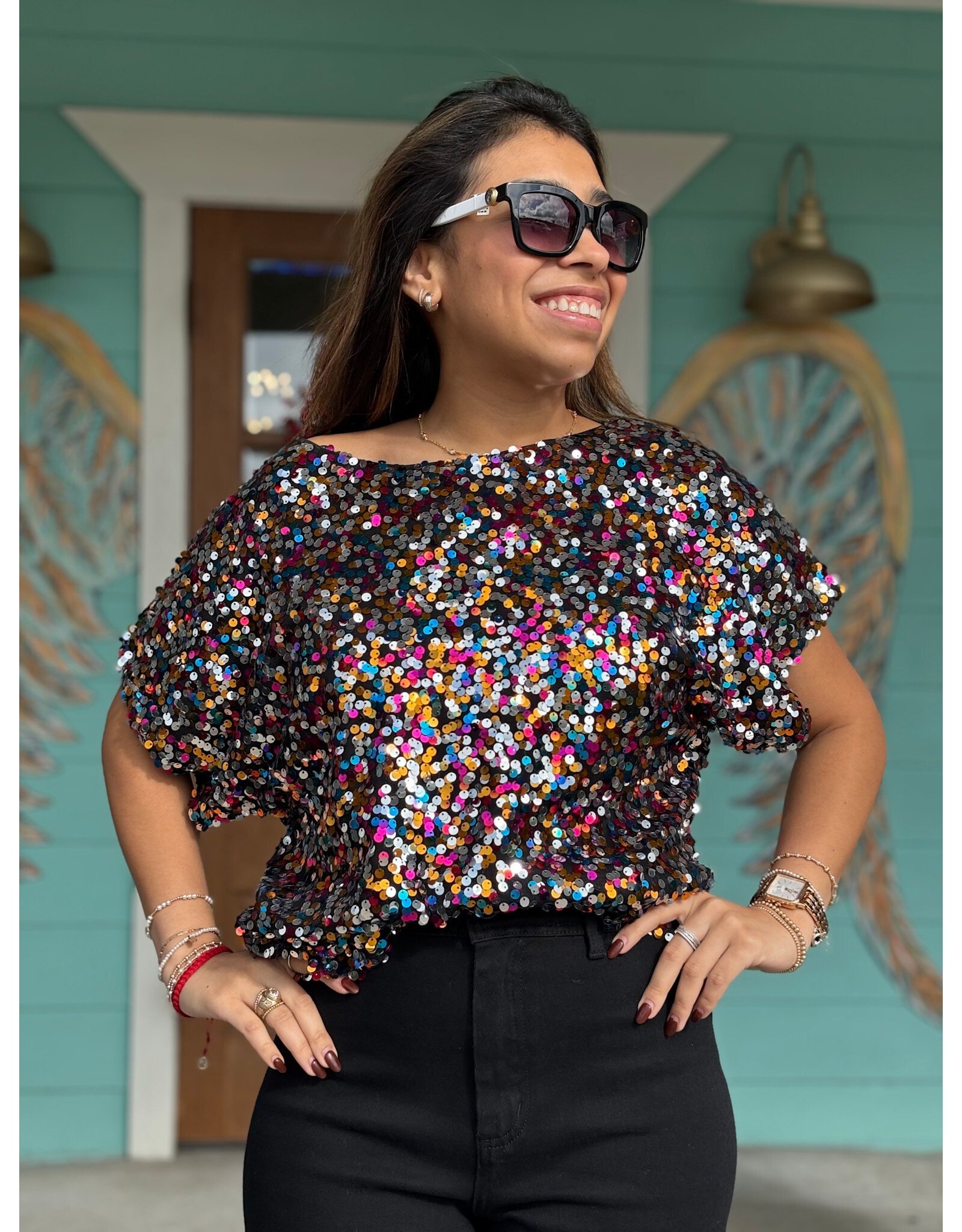 Multi Sequin Dolman Top - Rhinestone Angel
