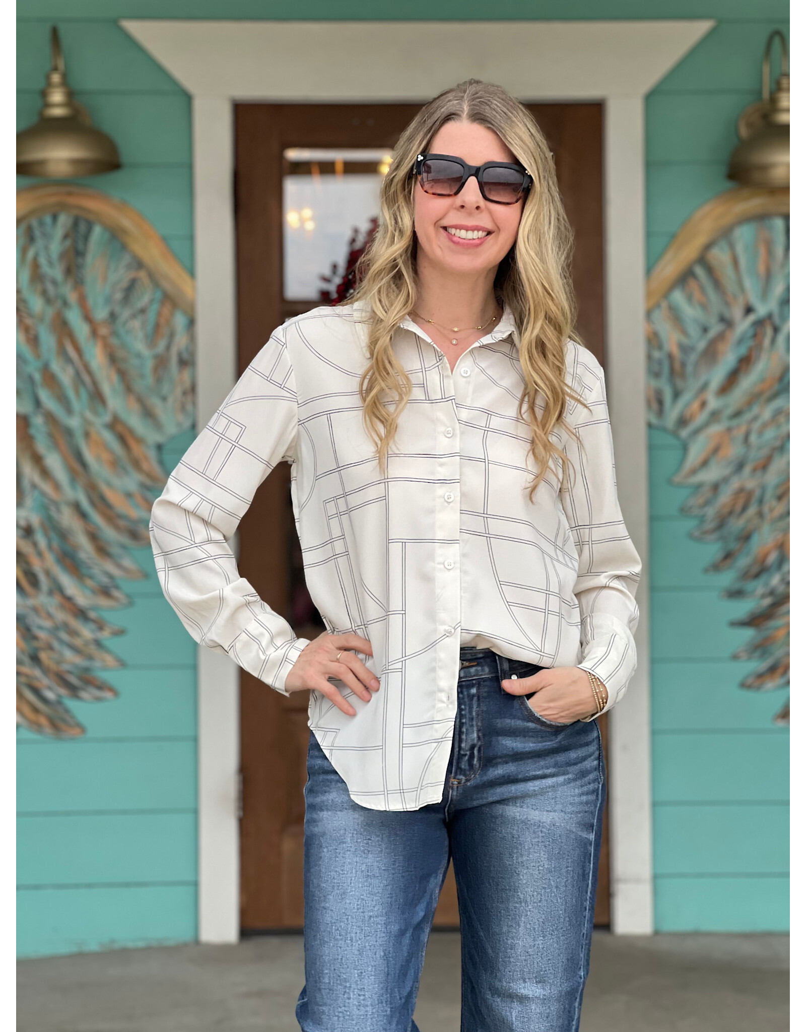 Cream Elusive Pattern Button Up Top - Rhinestone Angel