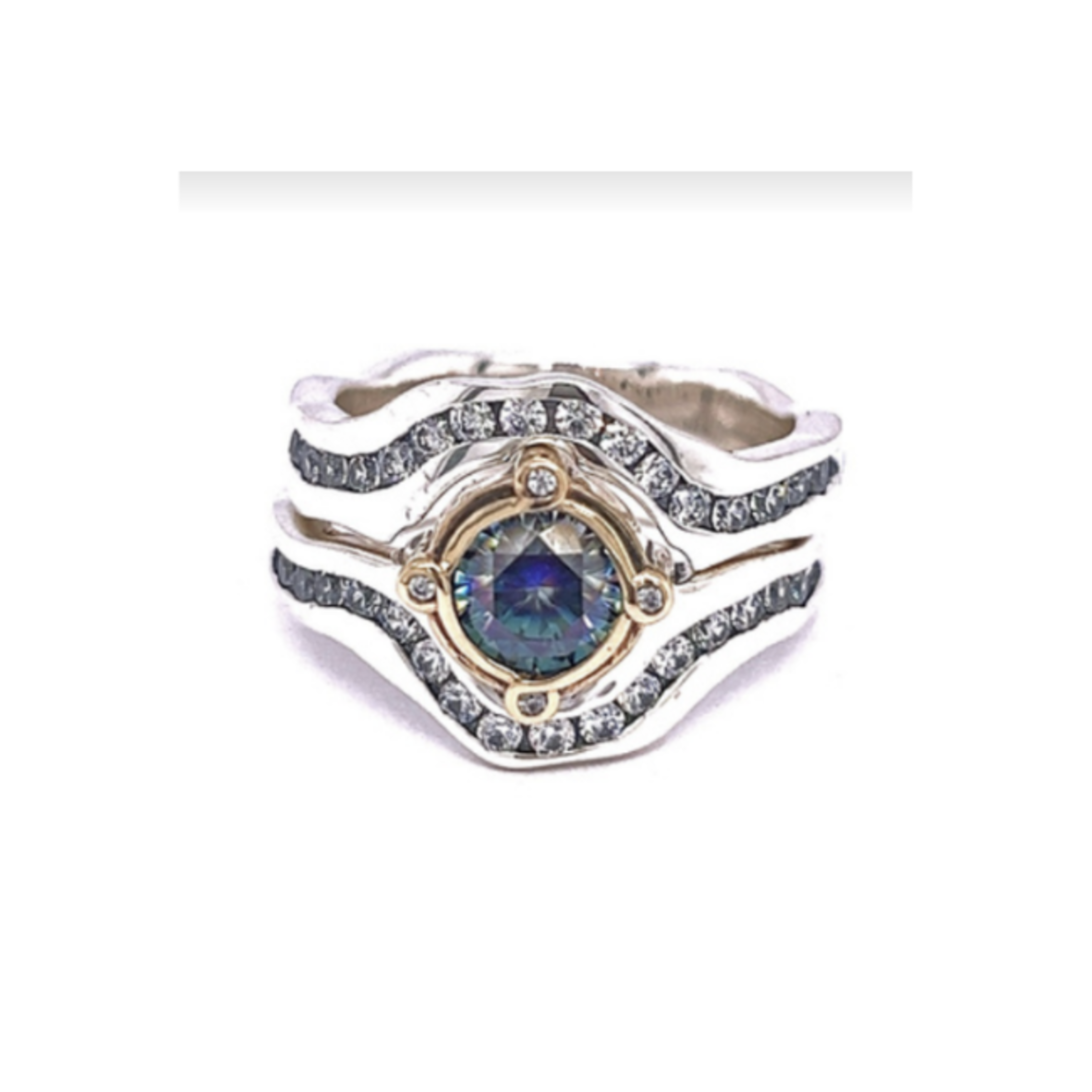 S/S + Oxidized Rocks n' Rivers Ring- Mystic Blue Moissanite - Celtic Aer