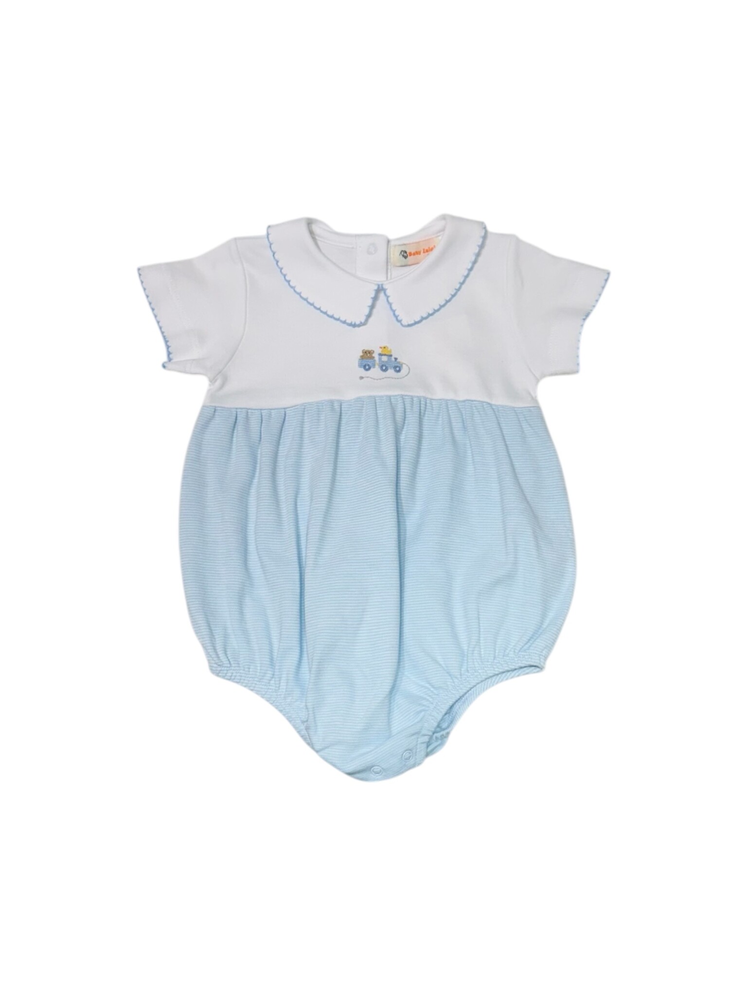 Baby Blue/White Bubble Onesie w/Train - Polliwogs Children's Boutique