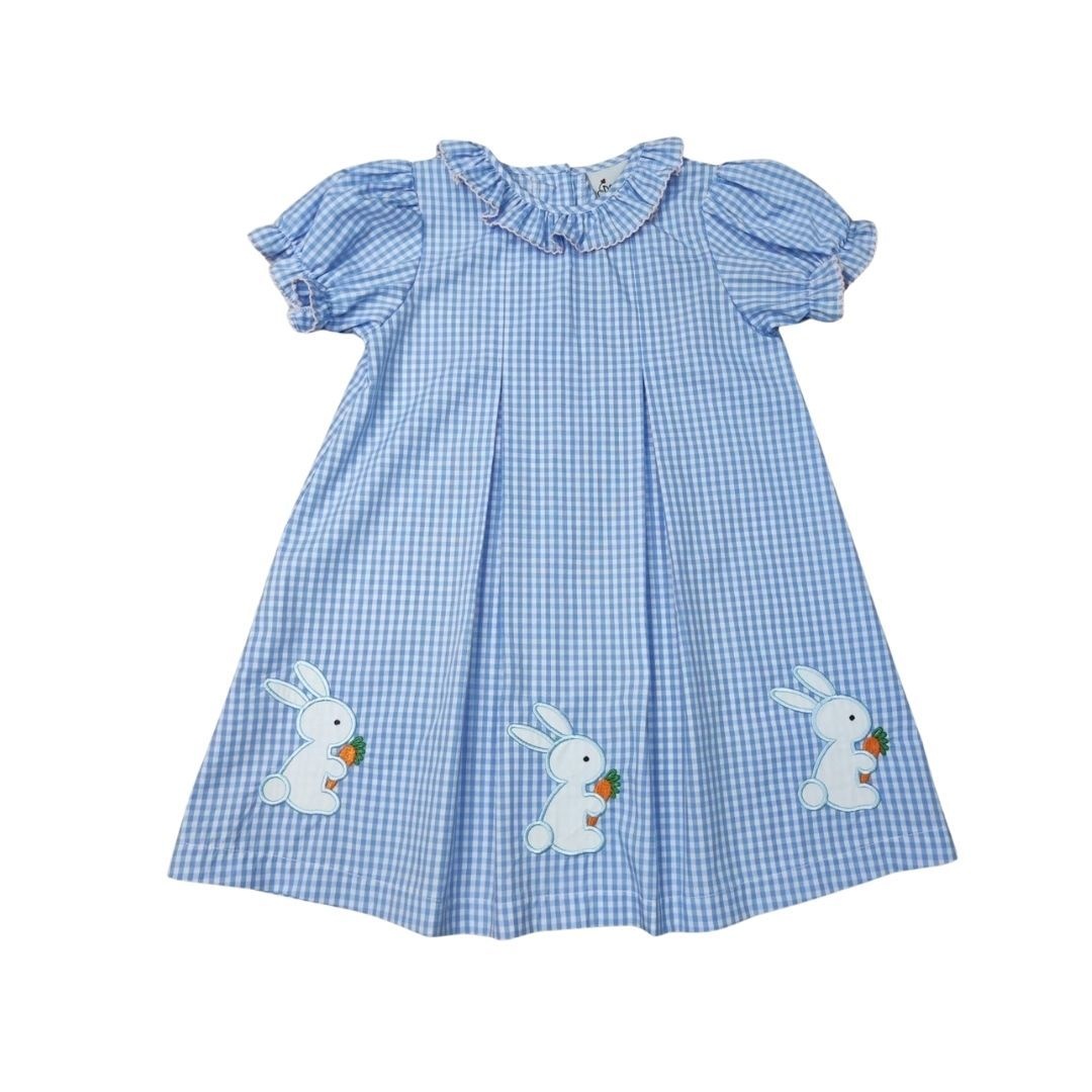 Blue Check Tri Pleat Applique Bunny Dress - Polliwogs Children's Boutique