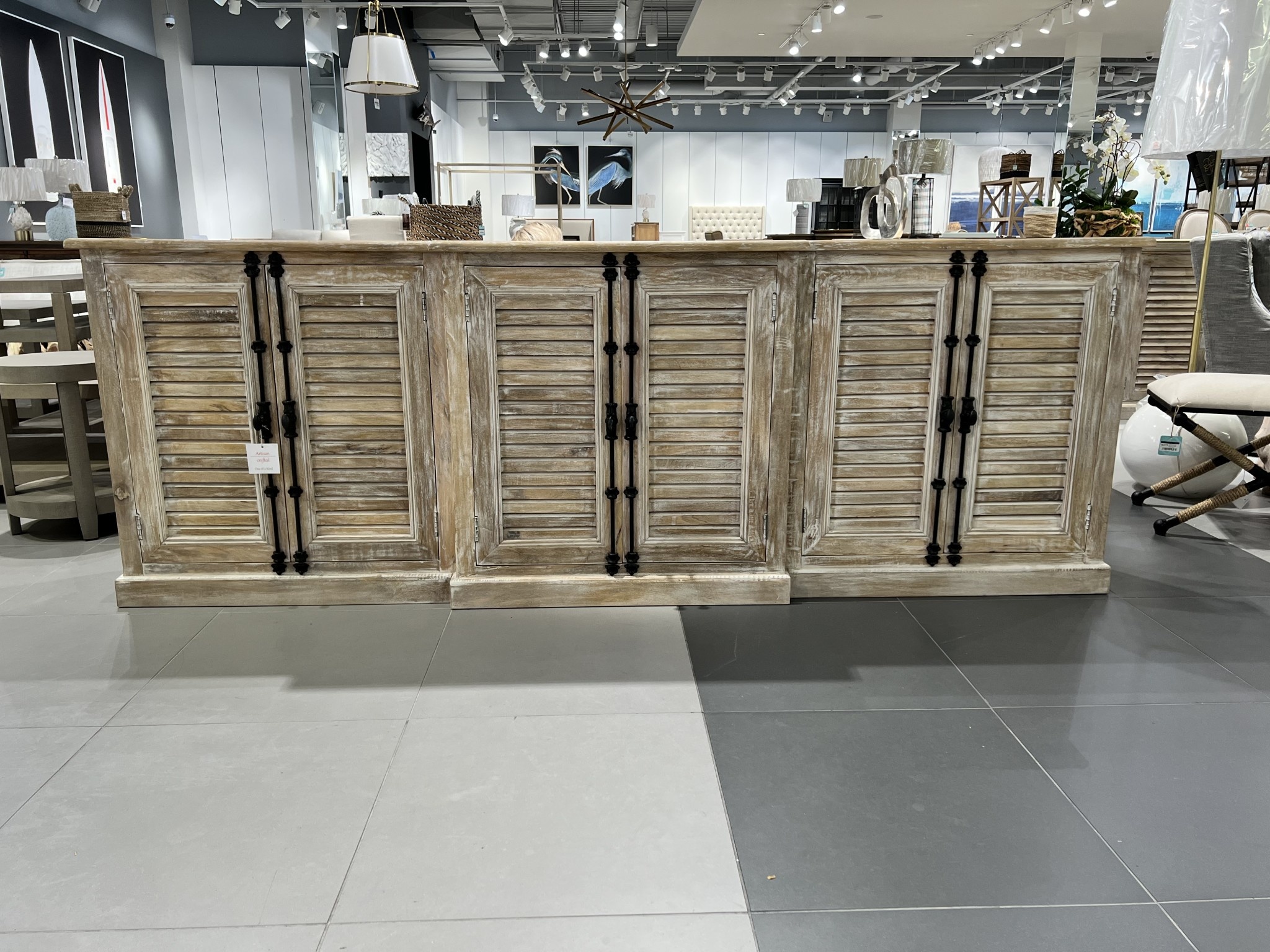 105x16x37 White Washed Nikki Shutter Cabinet - Outside the Box Palm Beach