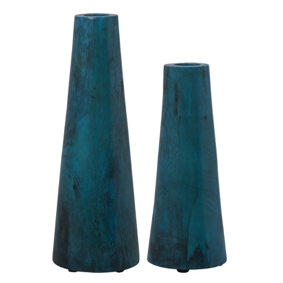 16" & 12" Set Of 2 Mambo Blue Solid Tamarind Wood Vases - Outside the ...