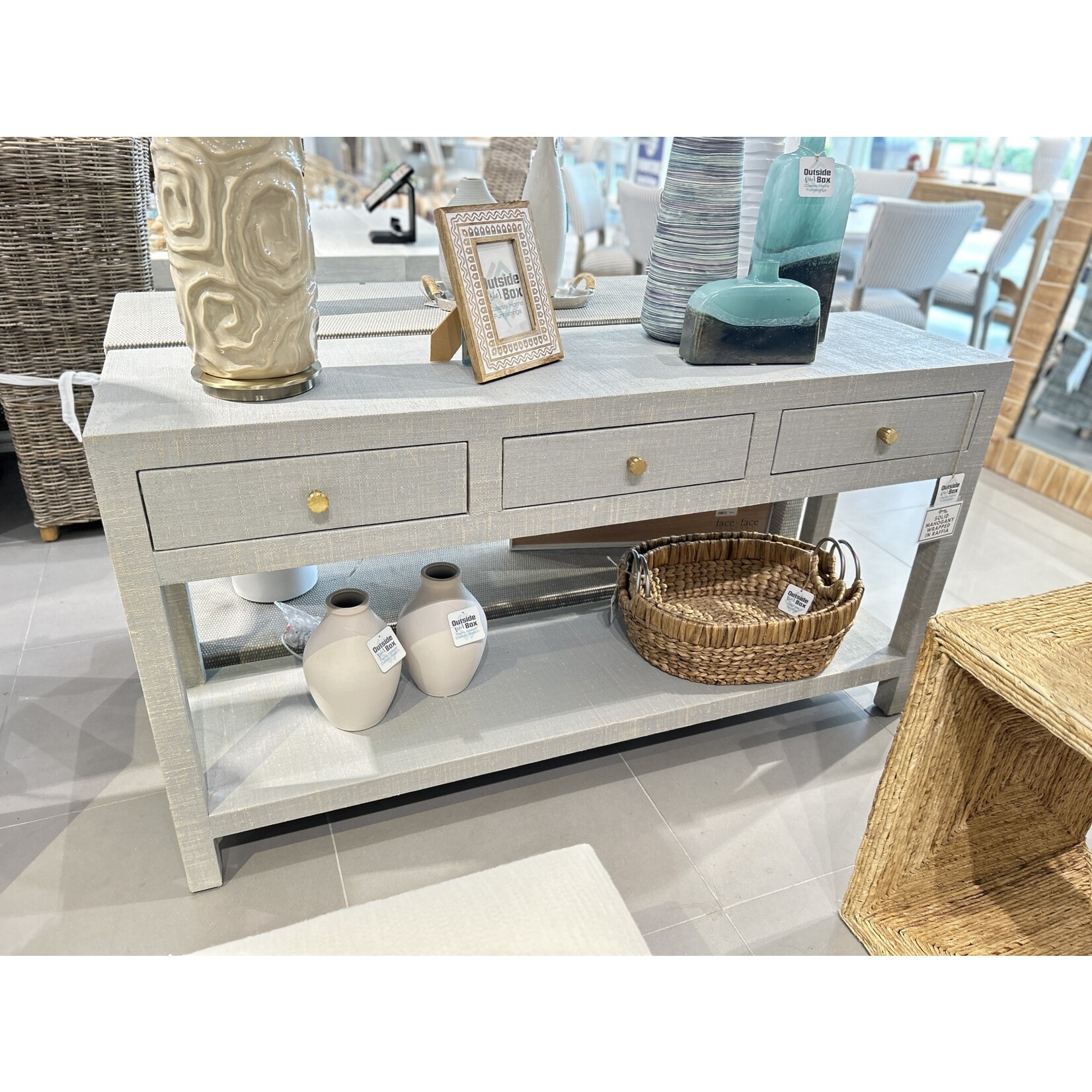 60x16x32 Kagu Pale Blue Raffia Console Table - Outside the Box Palm Beach