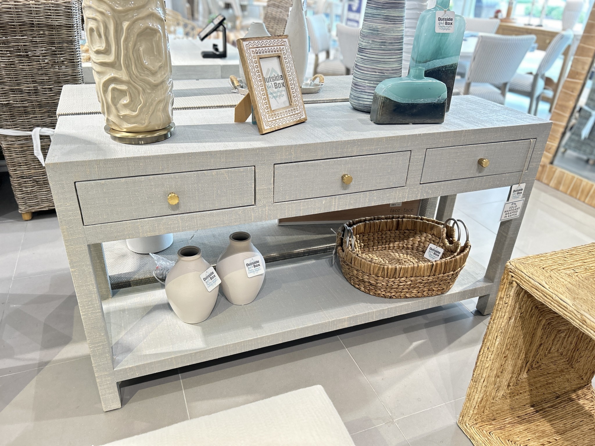 60x16x32 Kagu Pale Blue Raffia Console Table - Outside the Box Palm Beach