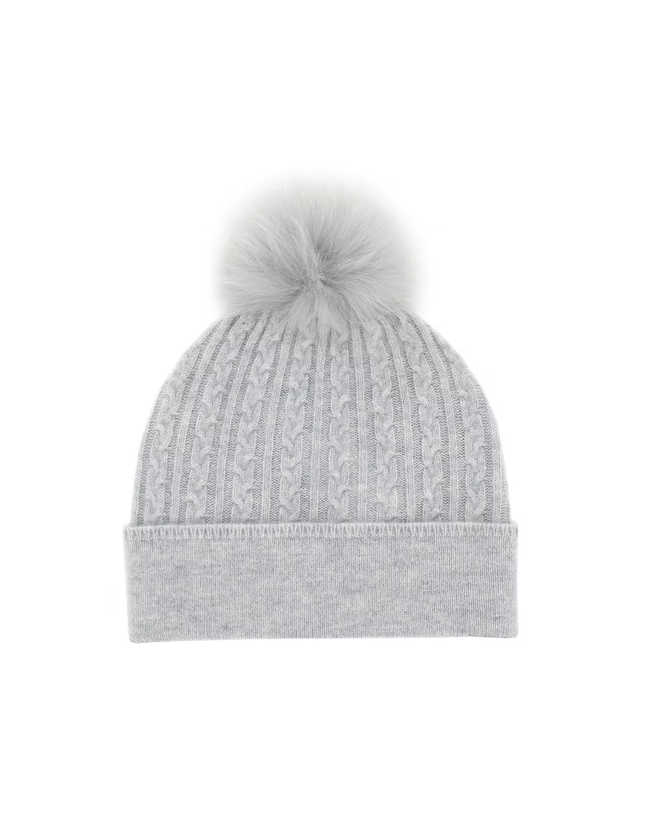 Tuque en Laine Cable avec Fourrure de Renard Gris - HTME99 - La Boutique Boréale