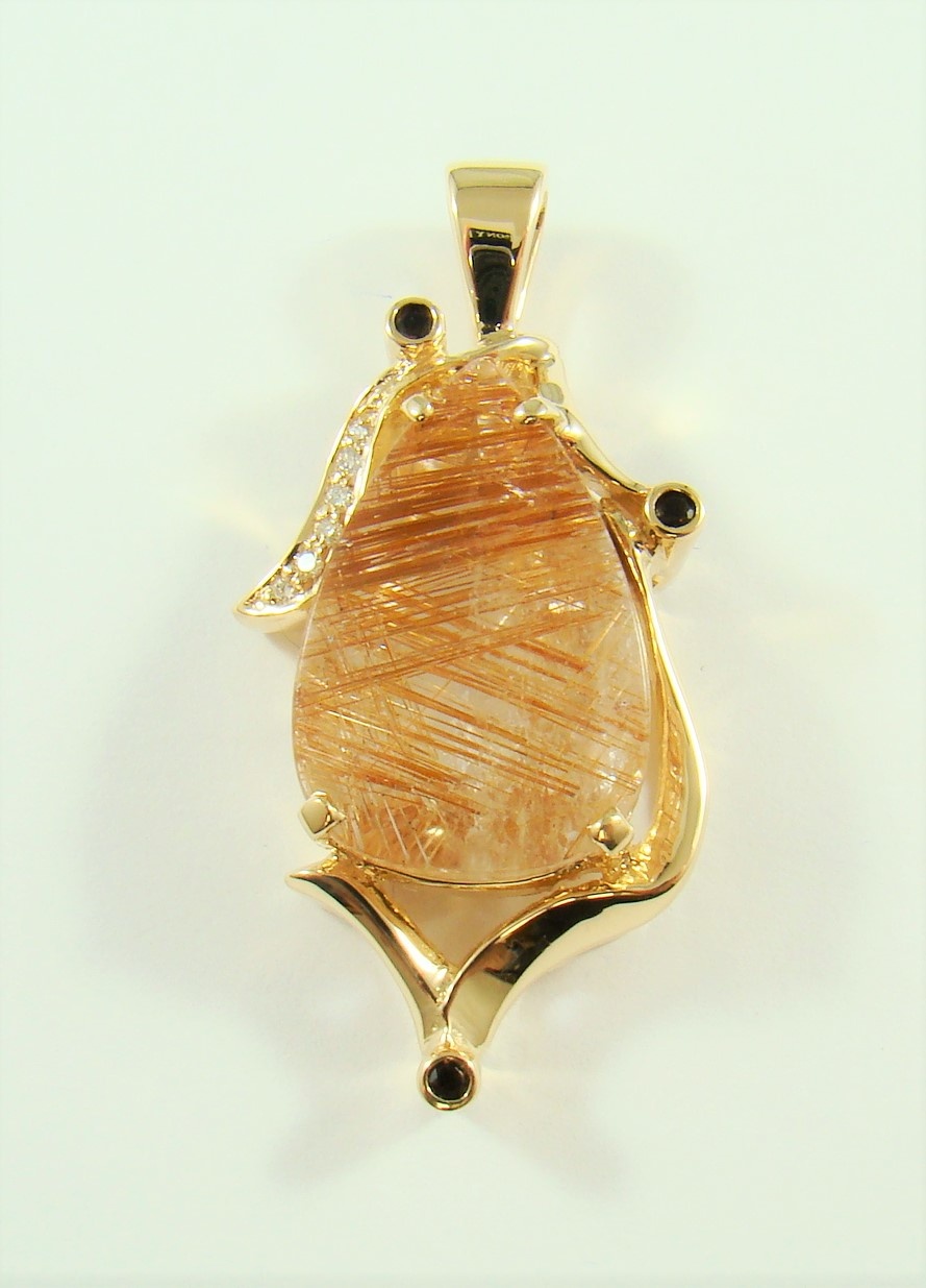 Custom Rutilated Quartz & Diamond Pendant 14KY - Forest of Jewels