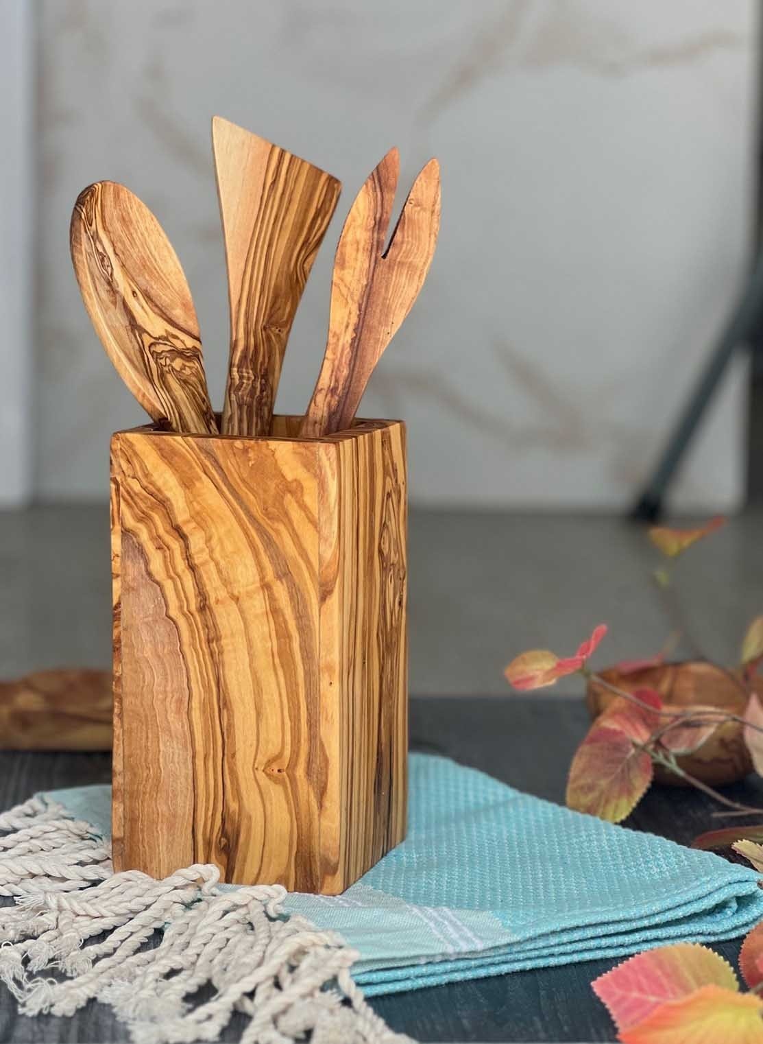 Olive Wood Utensil Holder