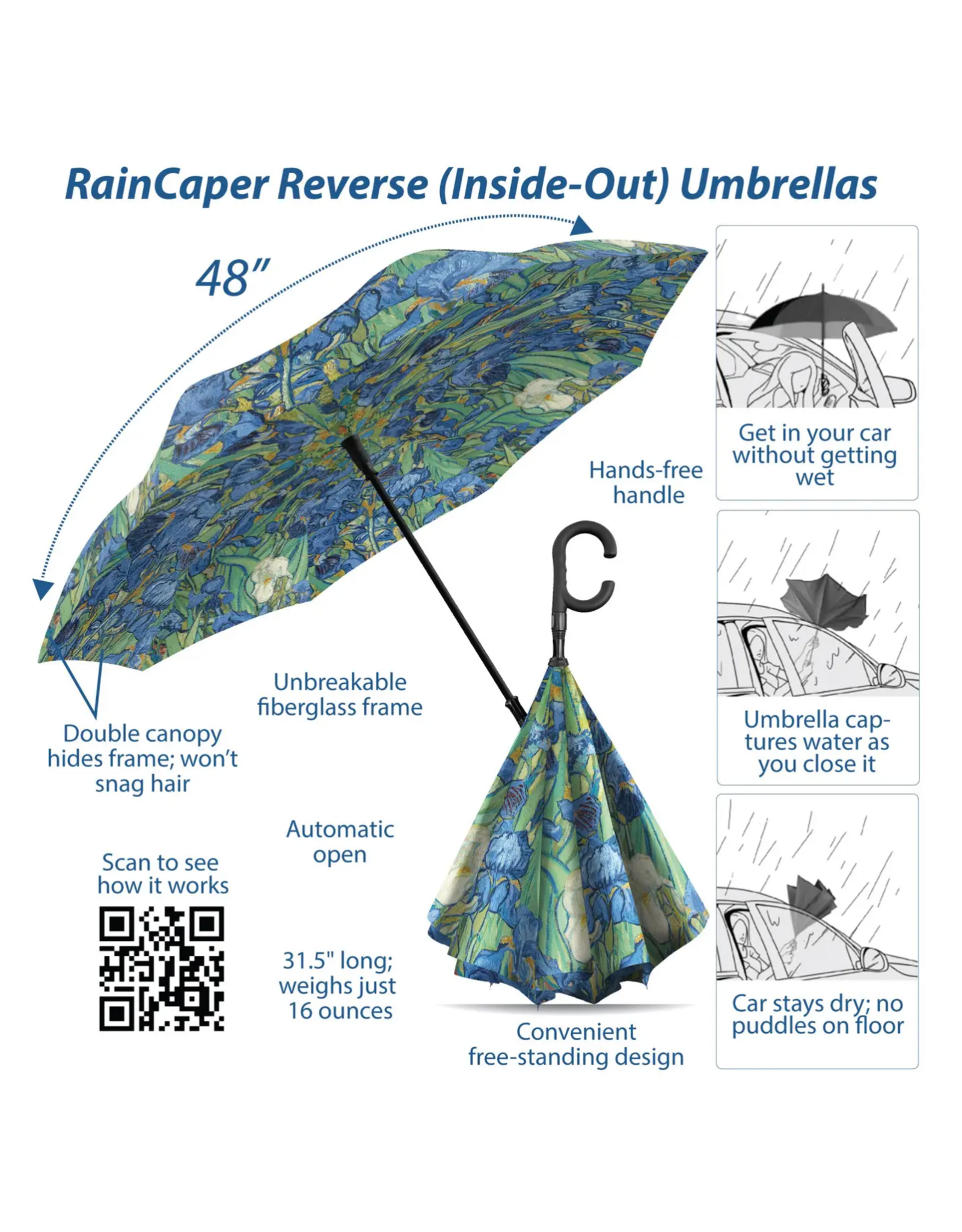 RainCaper Van Gogh Irises reverse inverted umbrella – Hands-free ...