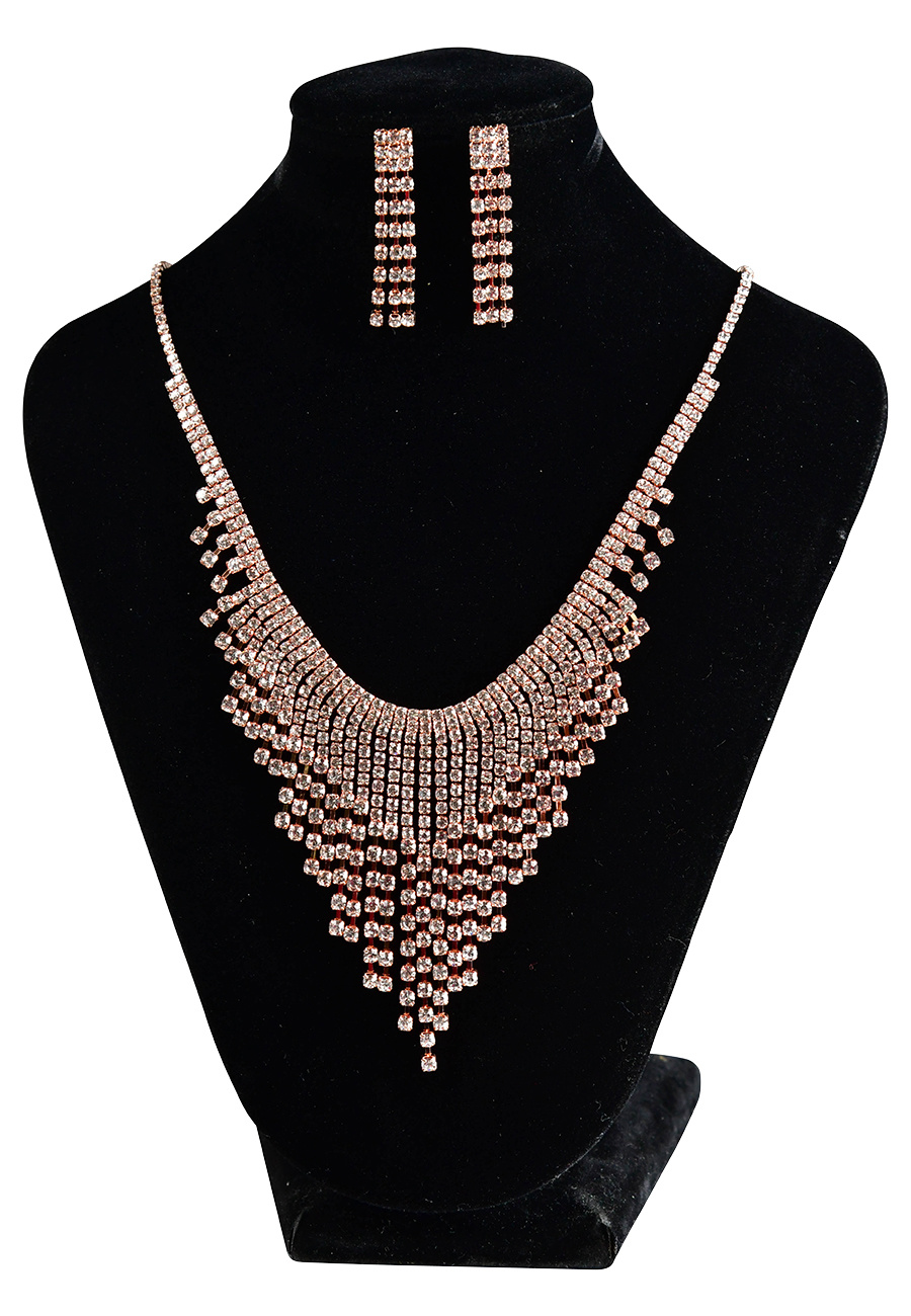 V-Fringe 3 Strand Rhinestone Necklace Set - Harmonygirl.com