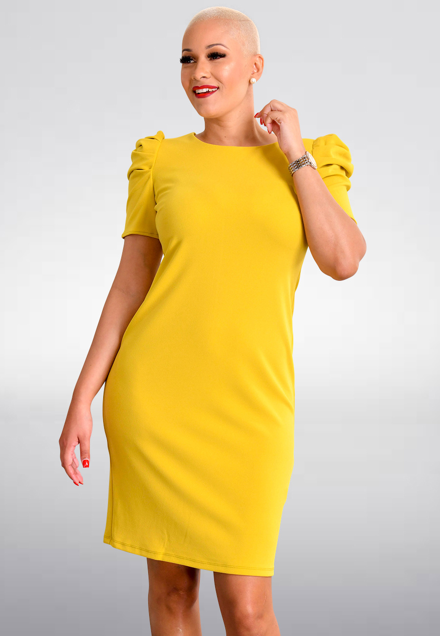 RESHENA- Round Neck Dress with Gather Sleeves - Harmonygirl.com