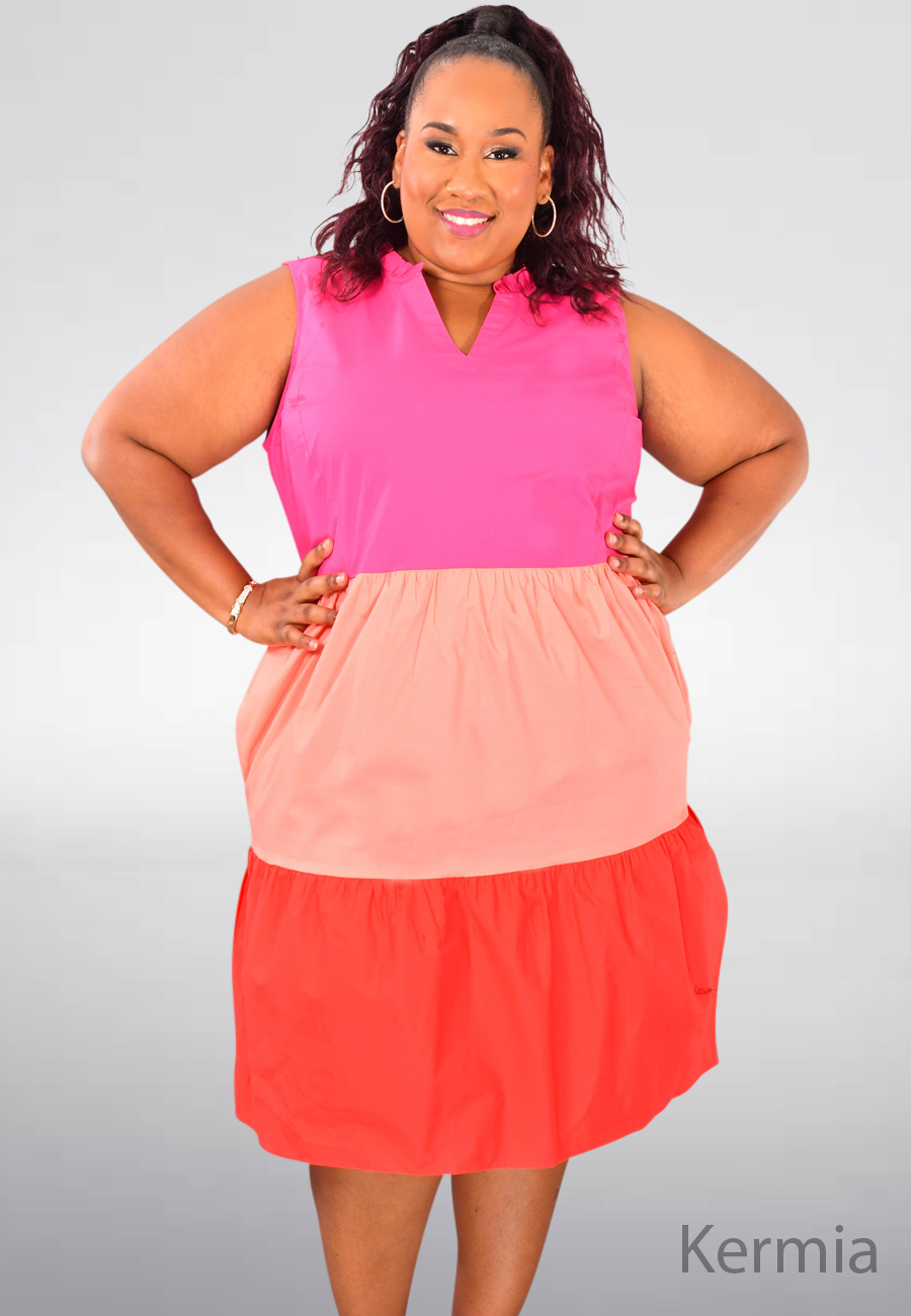 KERMIA- Plus Size Colour V-Neck Block Dress - Harmonygirl.com