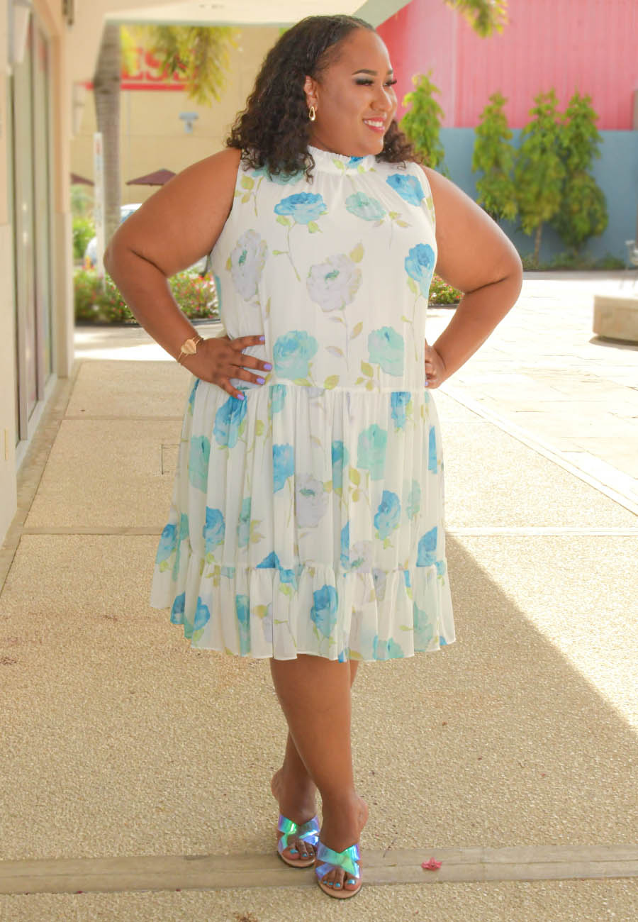 FRETTI- Plus Size Armhole Floral Dress with Frill Neck - Harmonygirl.com