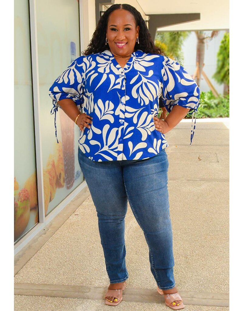 VAYDA- Printed 3/4 Sleeve Tie Sleeve Top - Harmonygirl.com