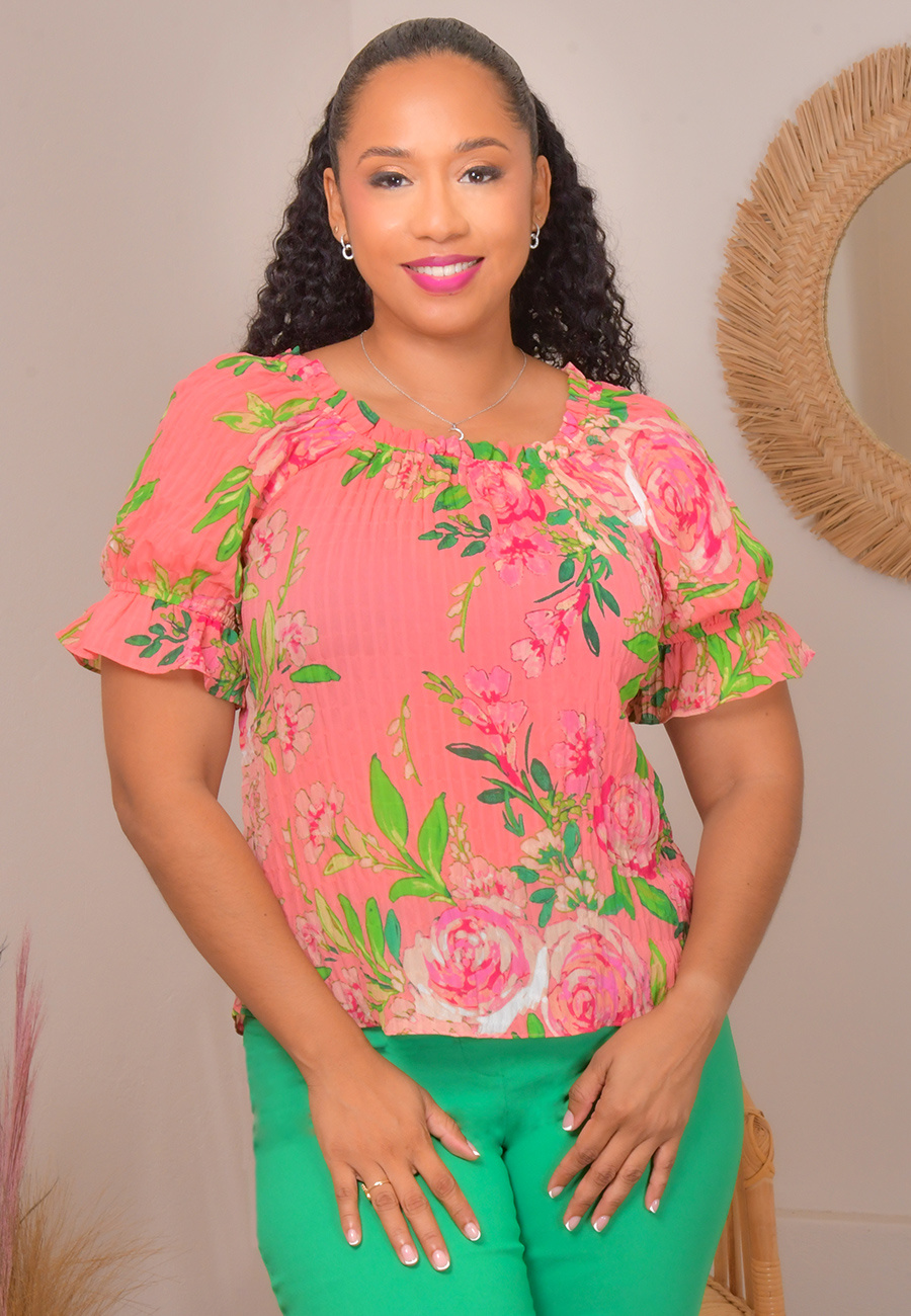 VANGEE- Floral Off Shoulder Top with Short Sleeves - Harmonygirl.com