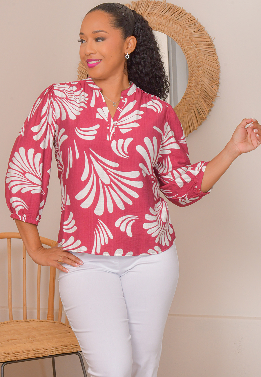 VICKEE- Printed Split Neck Balloon Sleeve Top - Harmonygirl.com