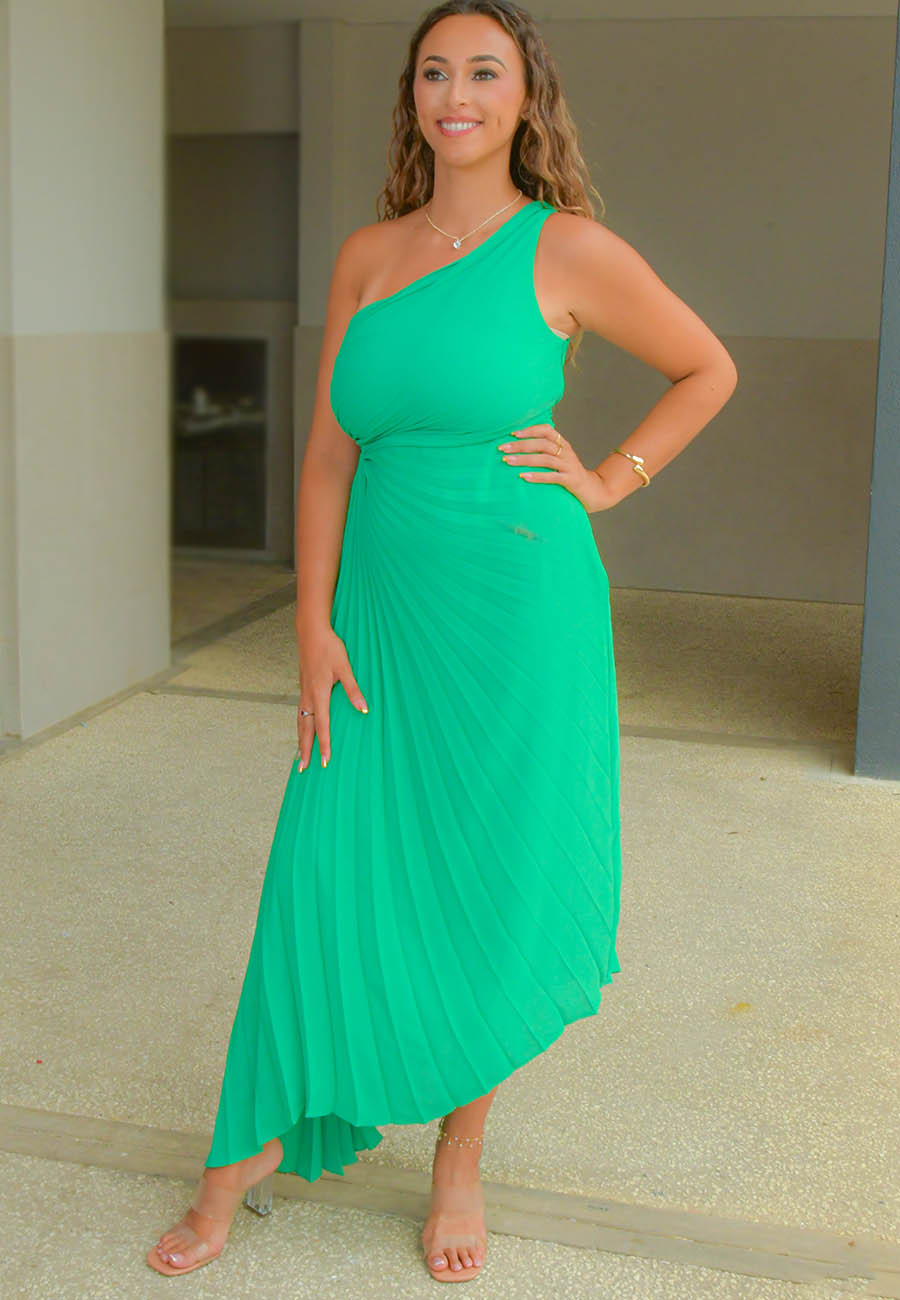 RITIM- Long Solid 1 Shoulder Steam Pleat Dress - Harmonygirl.com