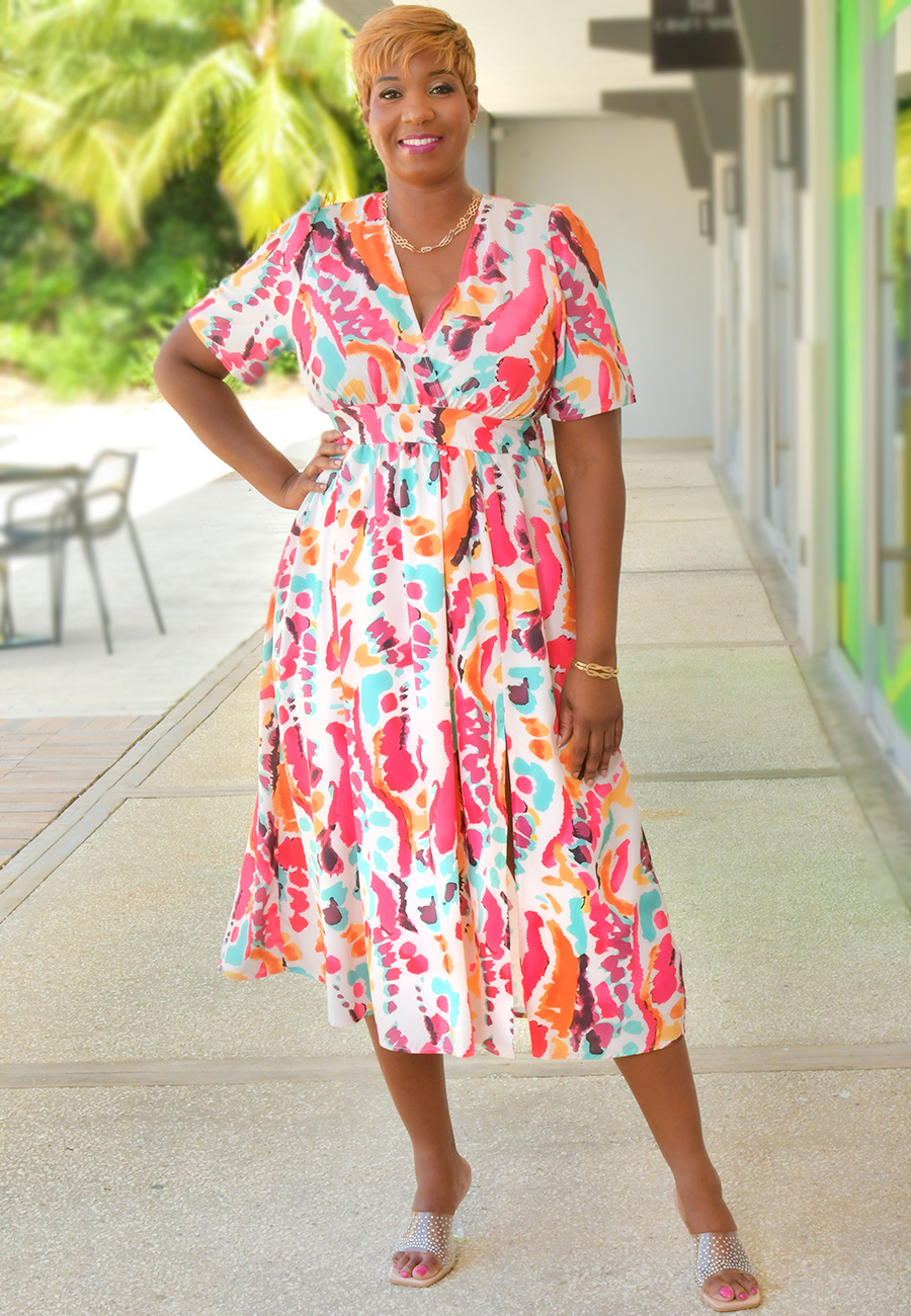 KRITA- Printed Elastic Waist Dress with V Neck - Harmonygirl.com