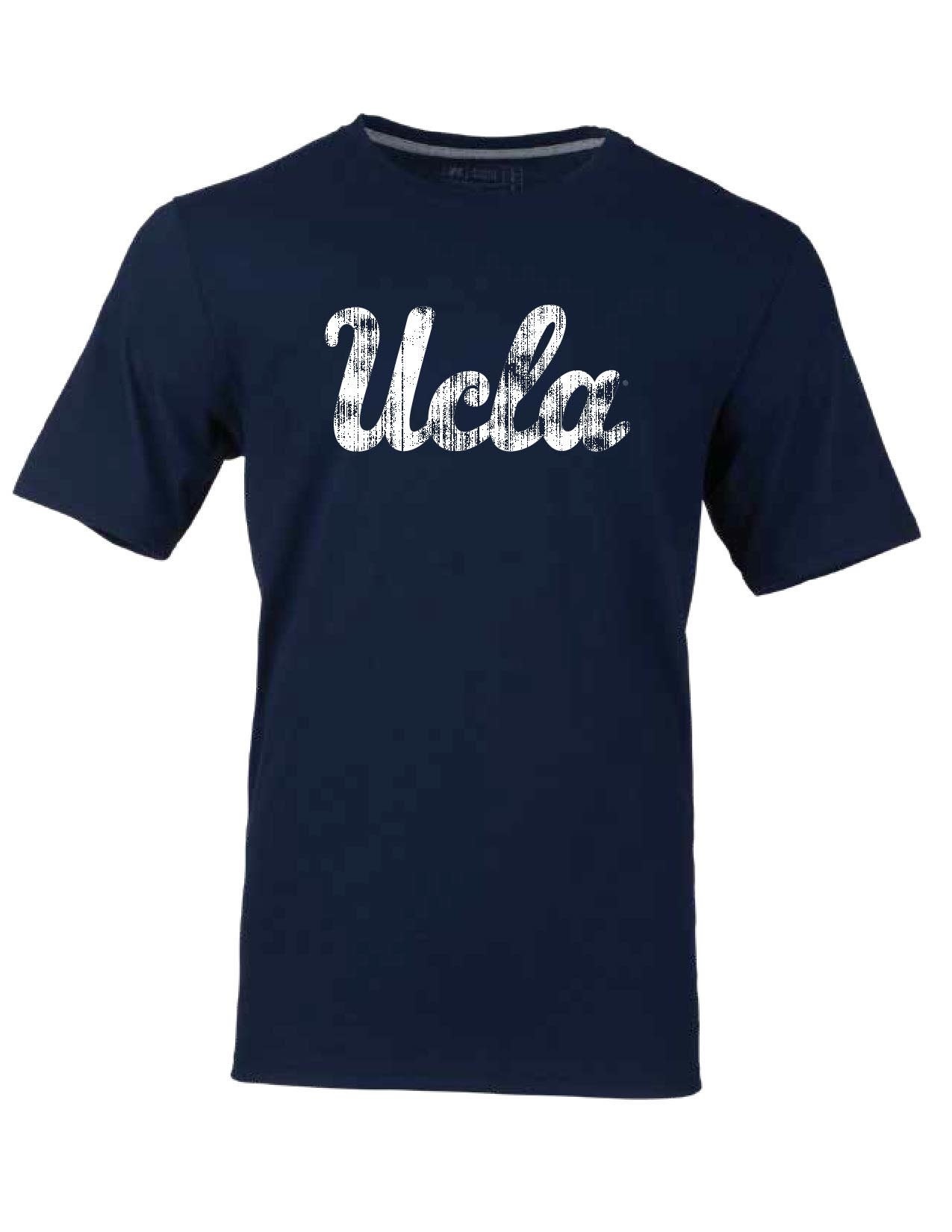 UCLA Vintage Script White Essential Navy Tee - Campus Store