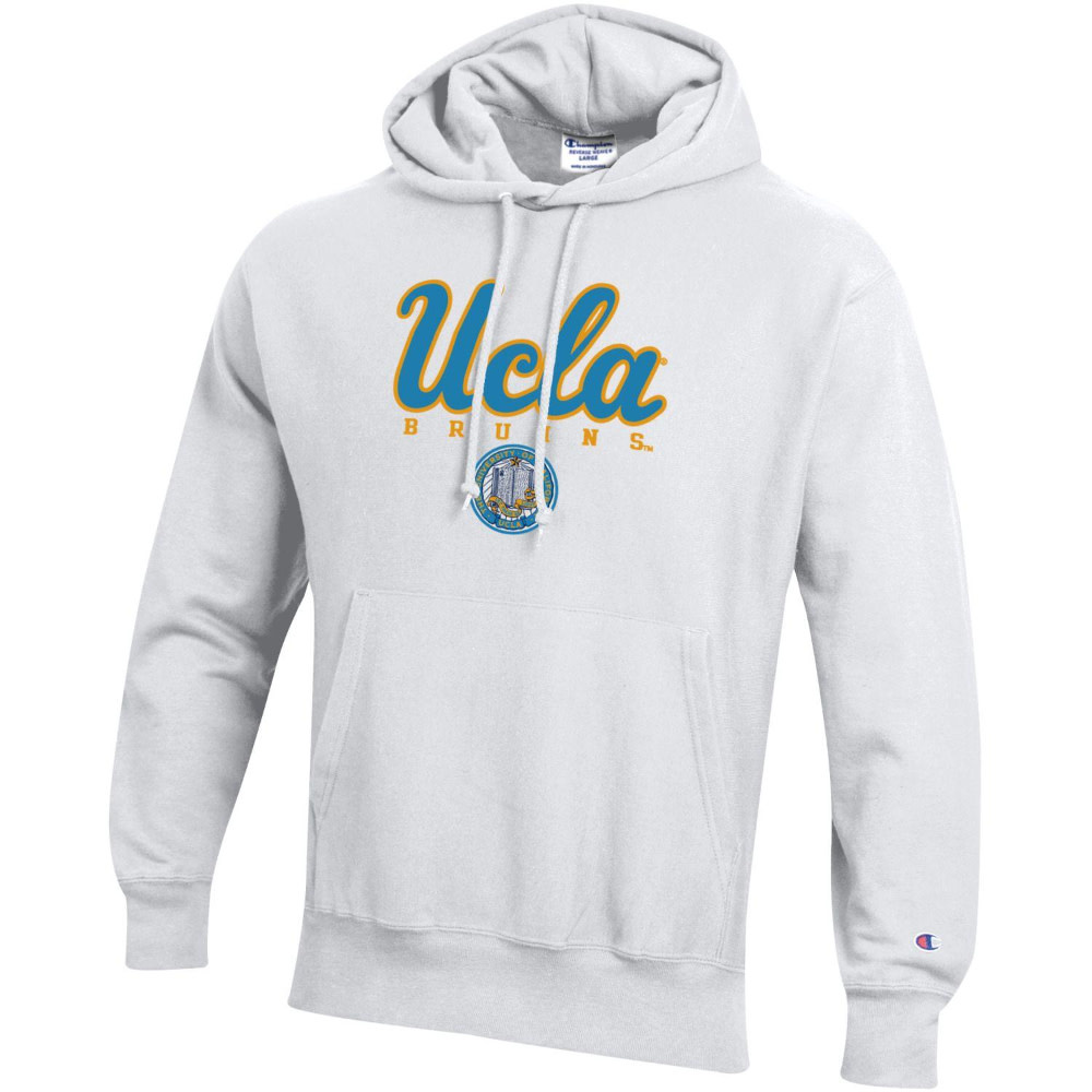 UCLA Script Bruins Seal Powerblend Fleece Hood White - Campus Store