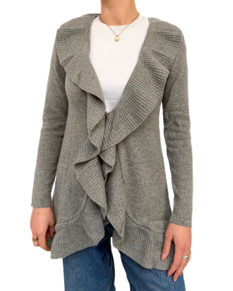 CASHMERE RUFFLED HEM OPEN CARDIGAN, GRAY - RANI ARABELLA CASHMERE RUFFLED HEM OPEN CARDIGAN, GRAY - RANI ARABELLA