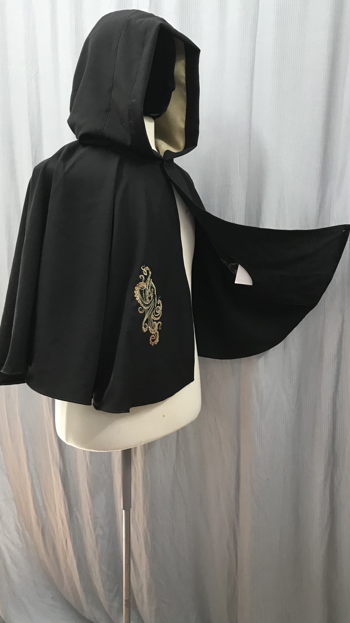 5326 - Short Black Cloak w/Octopus Embroidery, Pockets, Sand Brown Hood ...