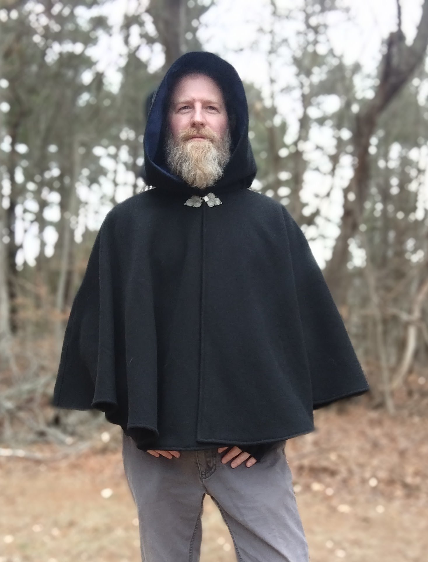 5635-Washable Heavy Weight Black Wool Cloak w/ Dark Blue Hood Lining ...