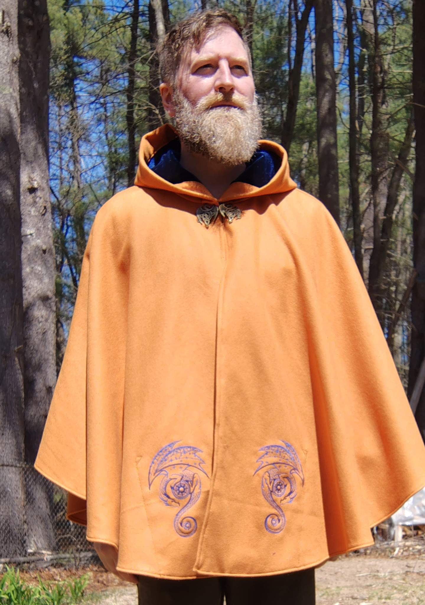 5672-Sunset Orange Wool Blend Cloak w/ Blue Dragon Embroidery & Pockets ...