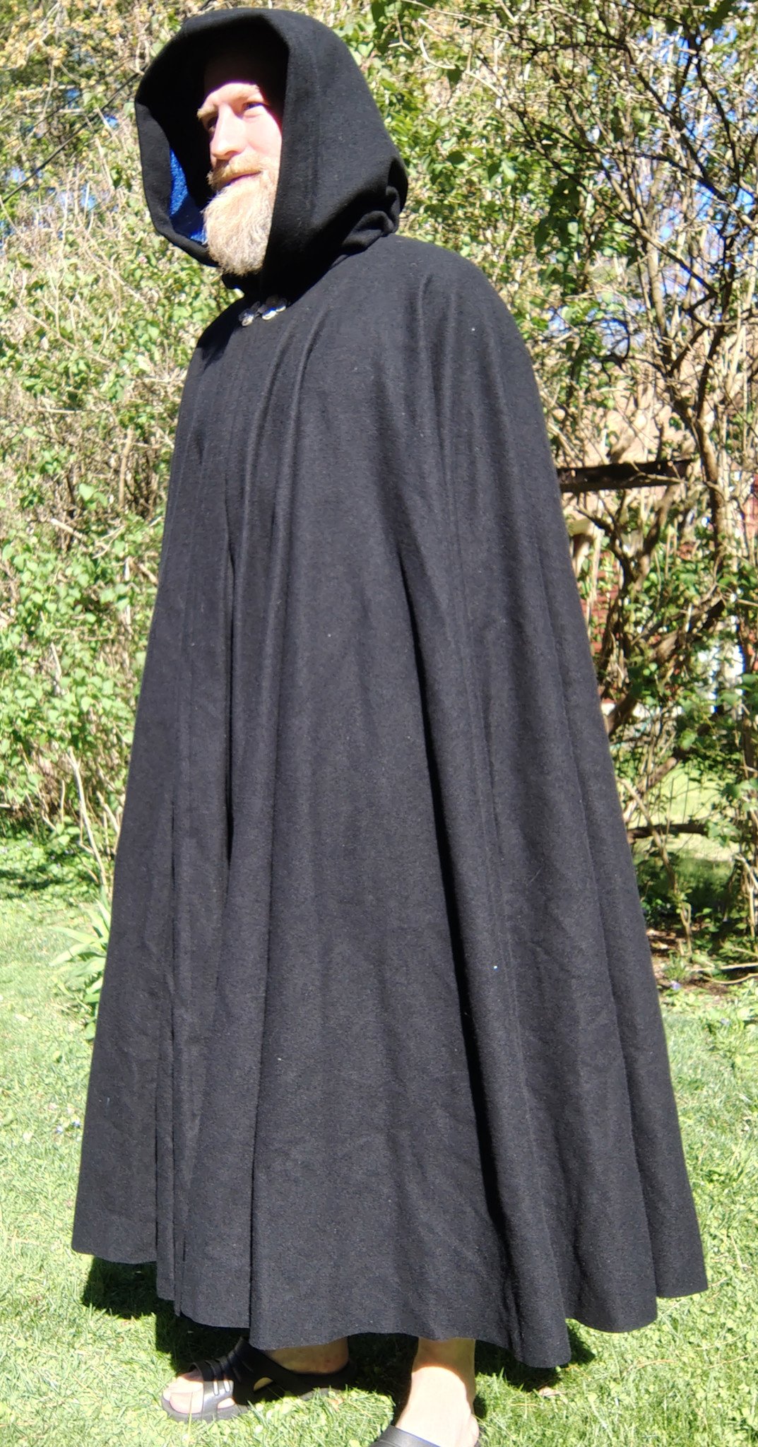 5679-Washable Black Wool Cloak w/ Blue Hood Lining & Triple Medallion ...