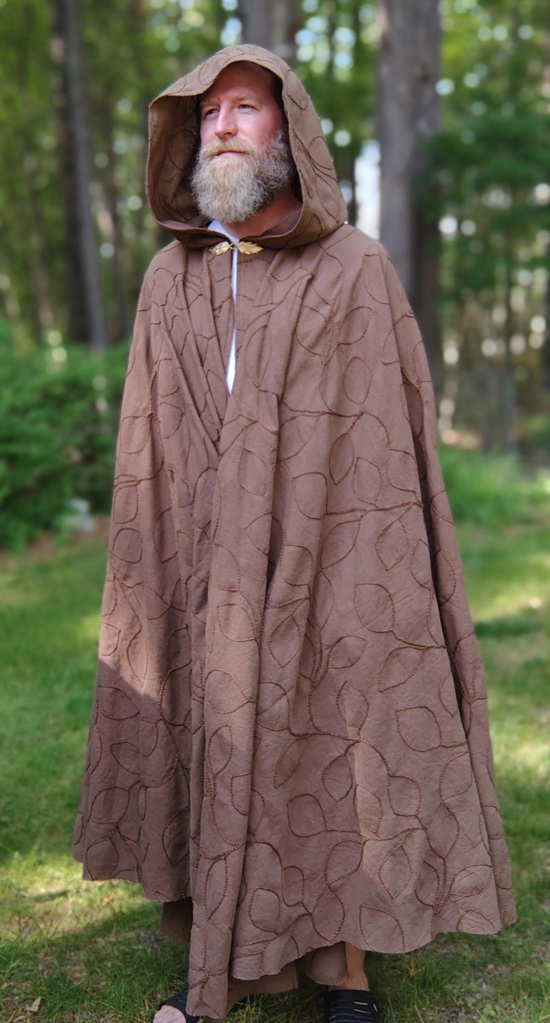 5717-Washable Brown Polyester Cloak w/ Raised Leaf Pattern & Leaf Clasp - Cloak & Dagger Creations