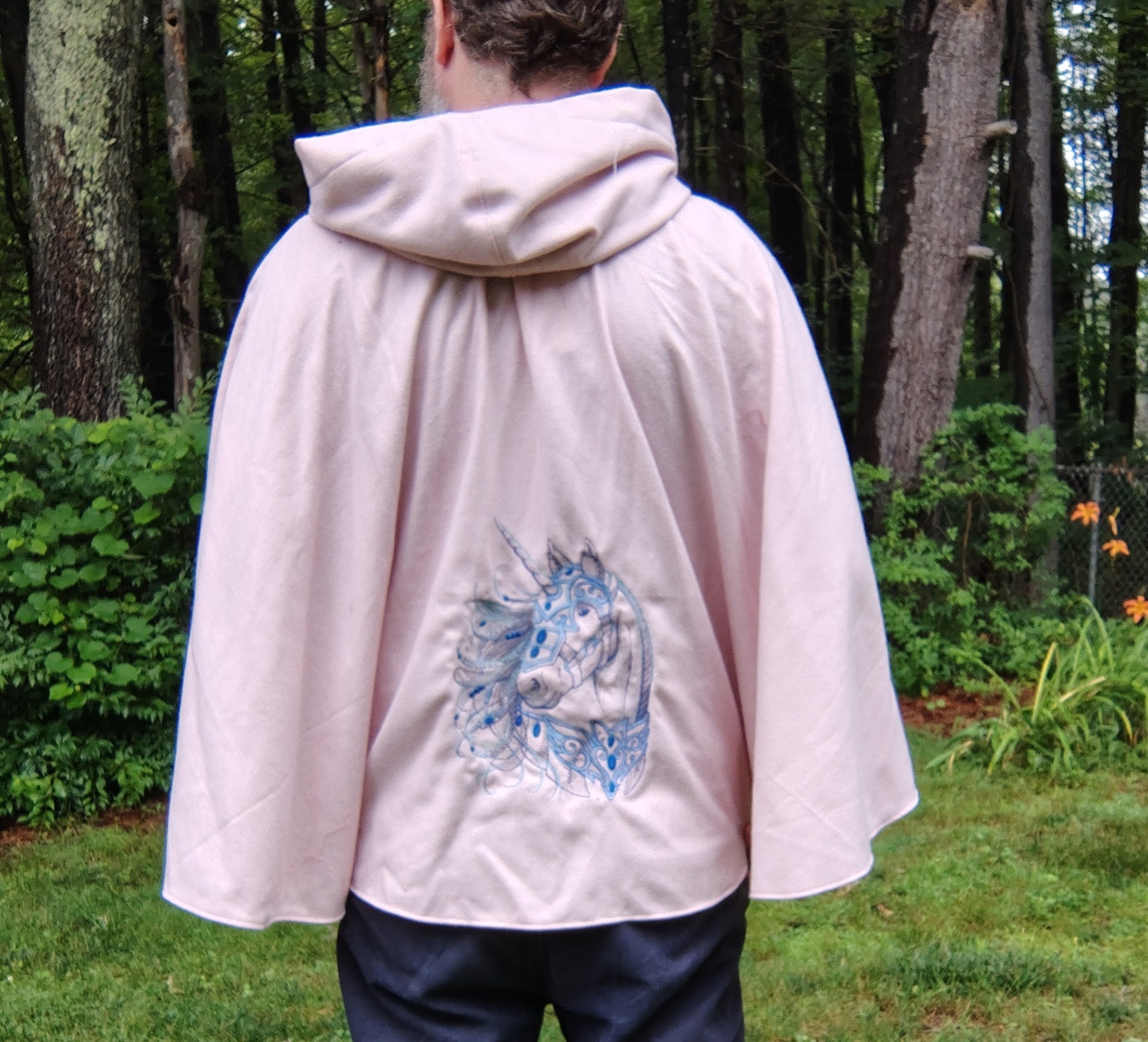 5753-Washable Pastel Pink Cloak w/ Blue Warrior Unicorn Embroidery ...