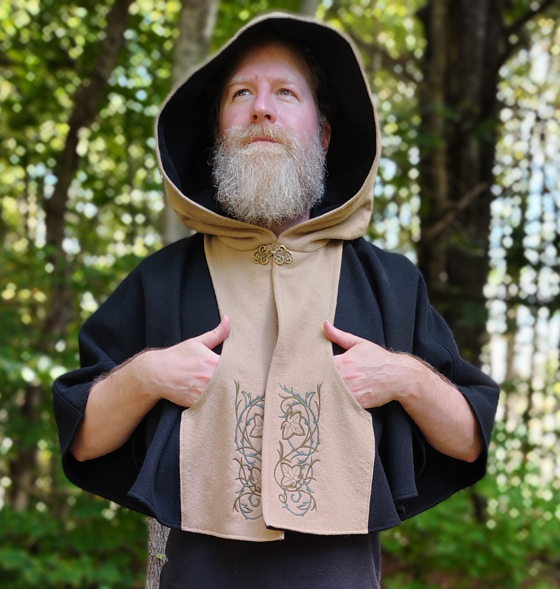5849-Washable Black & Tan Wool Cloak w/ Green Ivy Embroidery & Black ...