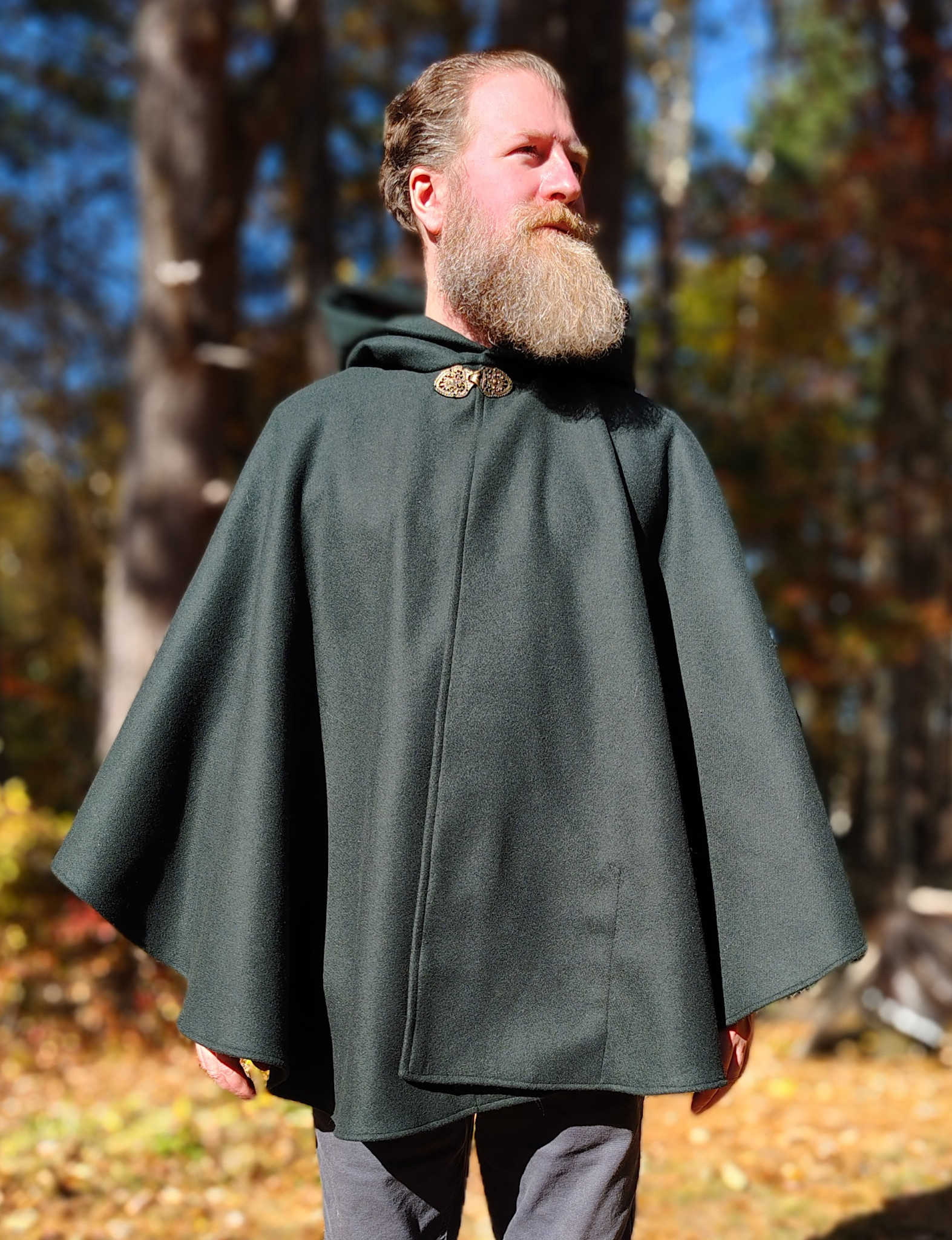 5866-Dark Forest Green Wool Blend Cloak w/ Brown Faux Suede Hood Lining ...