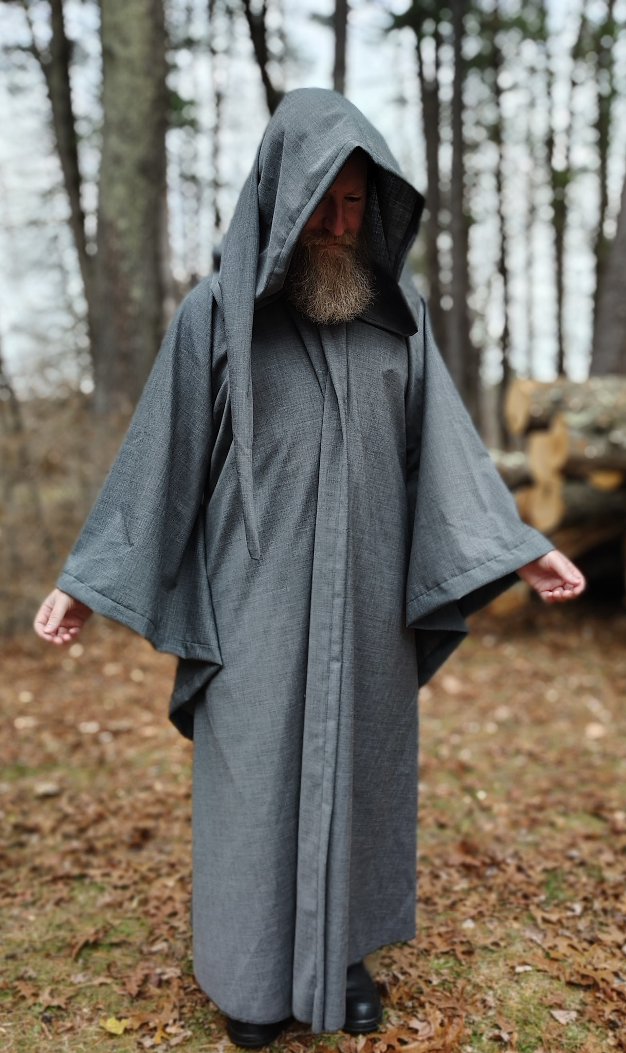 R573-Washable Grey Wool Blend Robe w/ Liripipe Hood & Drop Sleeves ...