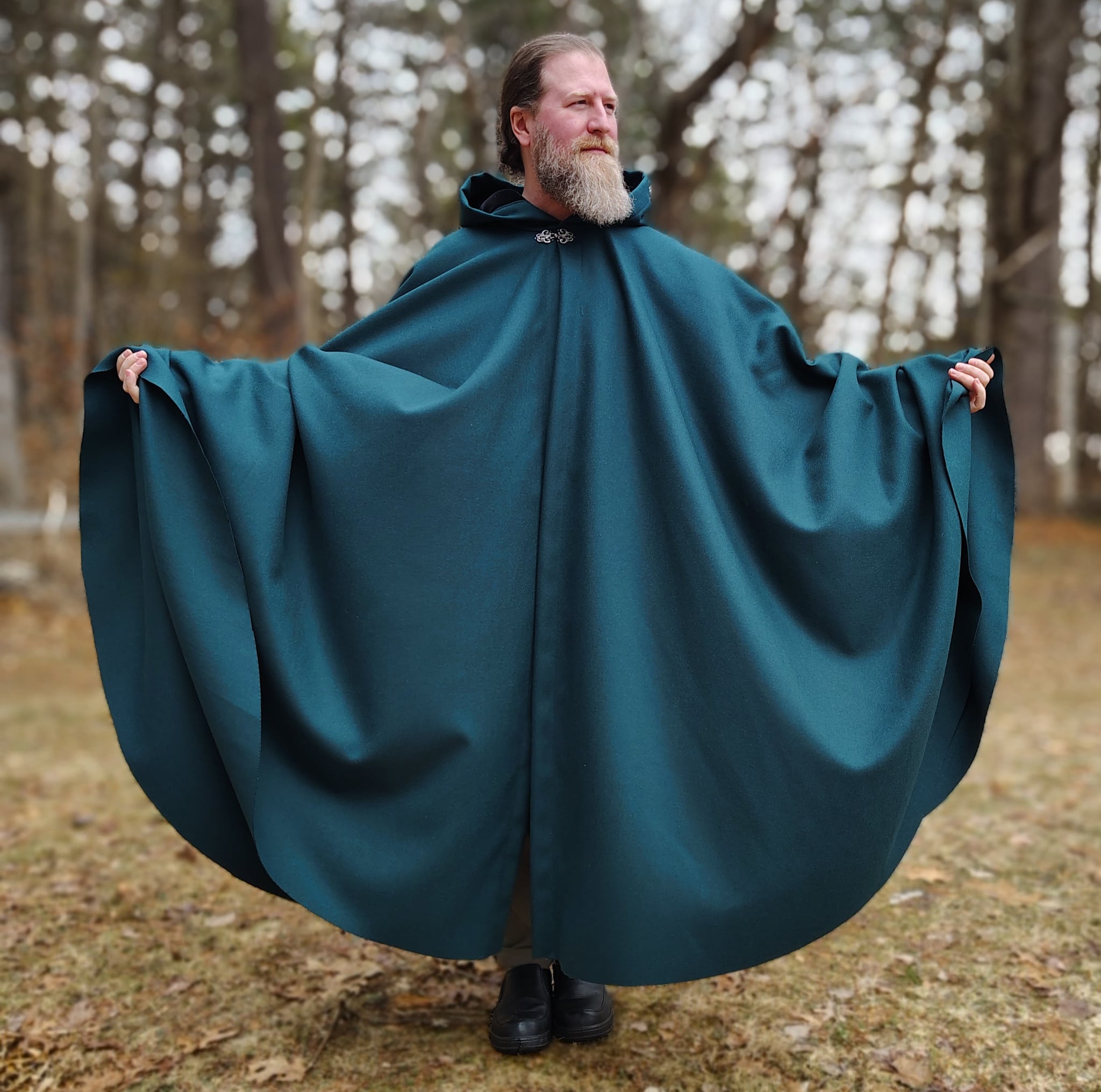 5982-Deep Teal Woven Wool Cloak w/ Black Velvet Hood Lining & Silver ...