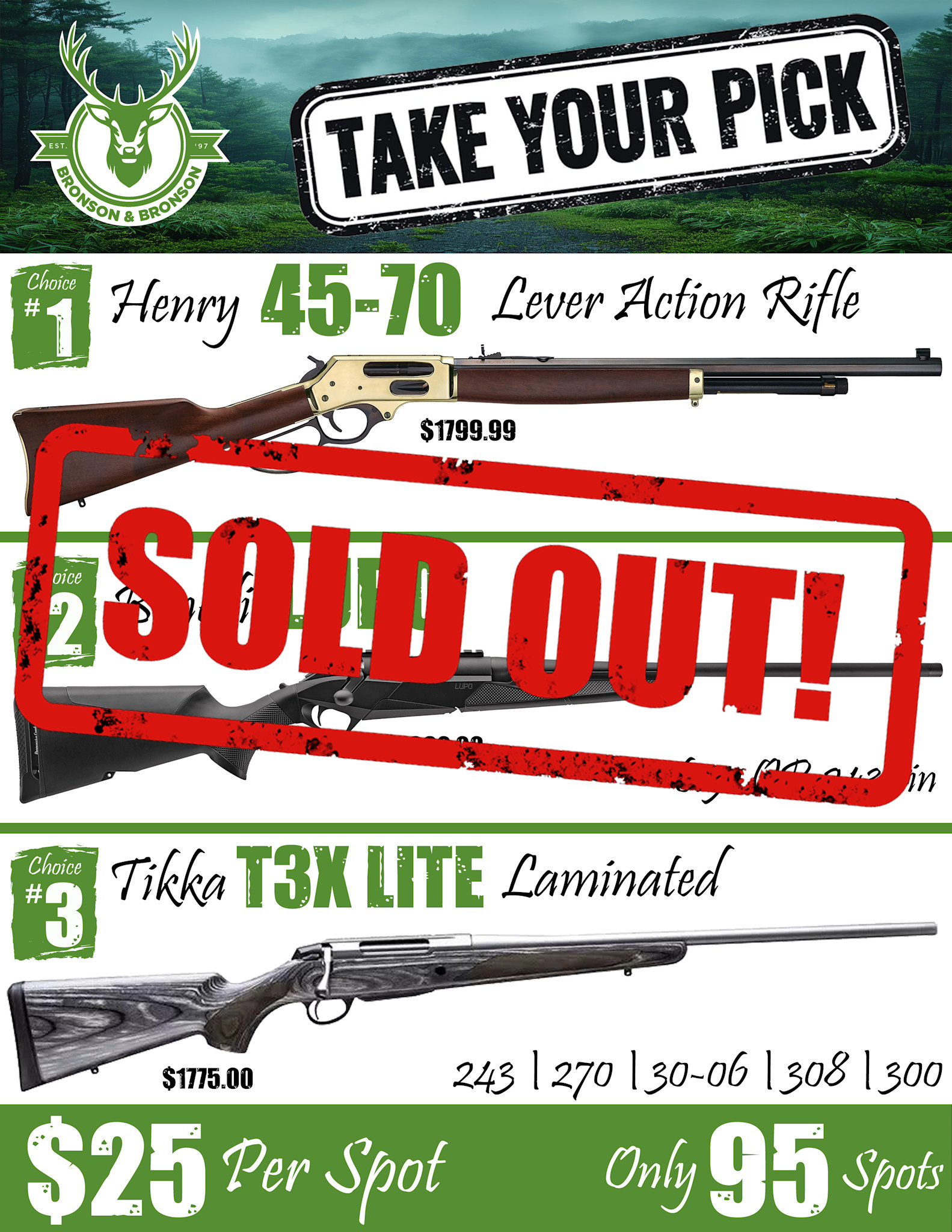 Draw #1736 - Take Your Pick - Henry 45-70, Benelli Lupo OR Tikka T3X ...