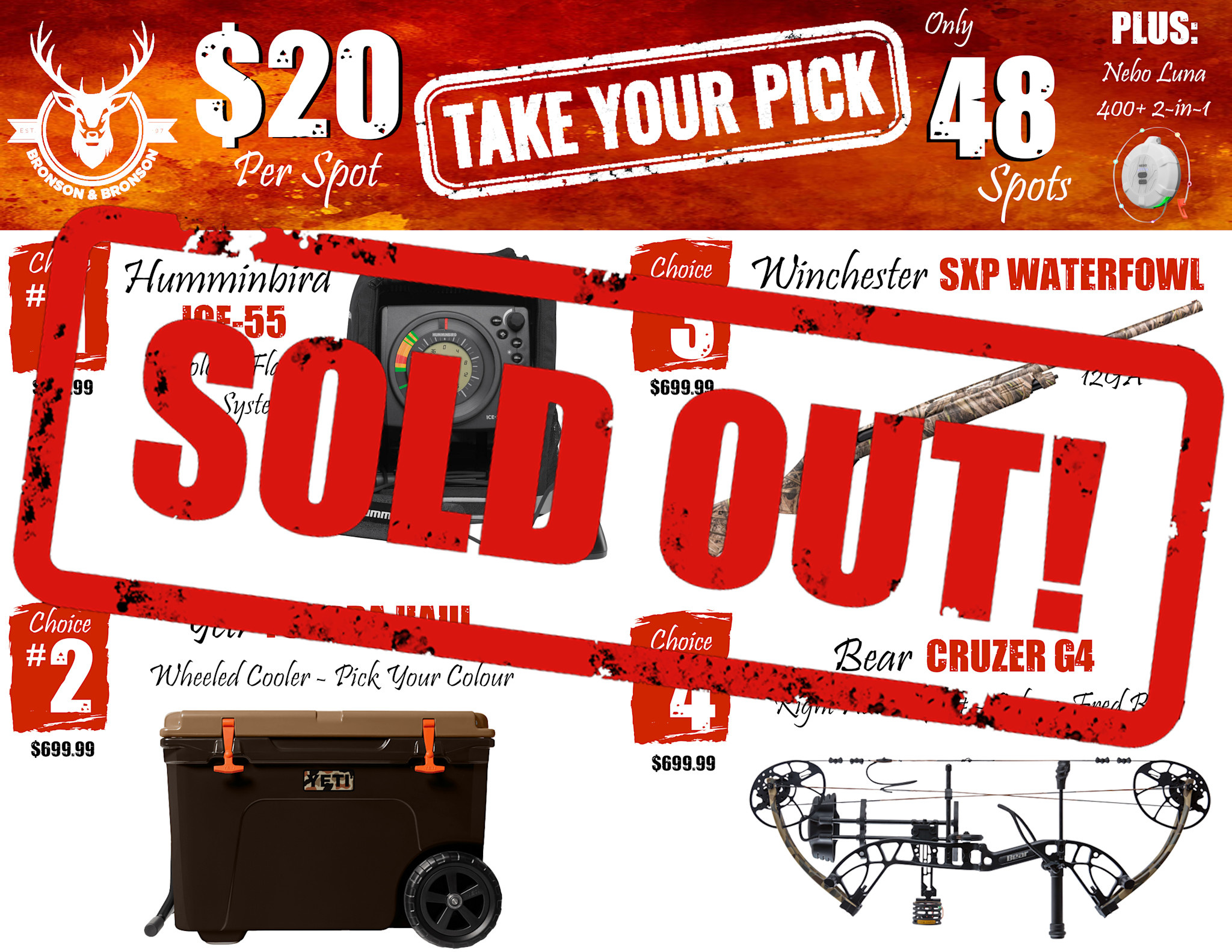 DRAW #1822 - Take Your Pick - Humminbird, Yeti, Winchester OR Bear ...