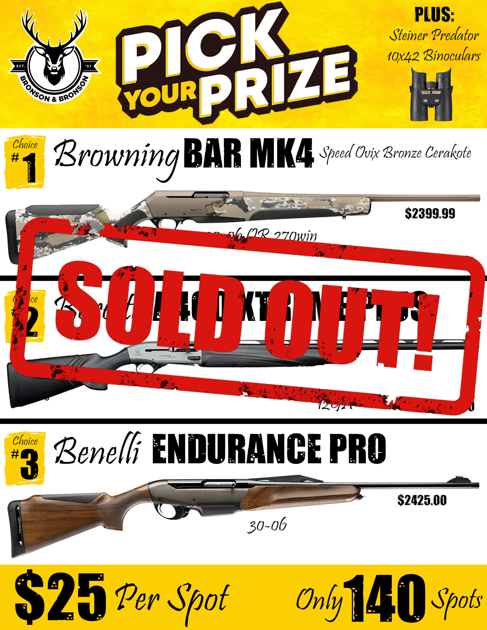 DRAW #1823 - Pick Your Prize - Browning, Beretta OR Benelli! - Bronson ...