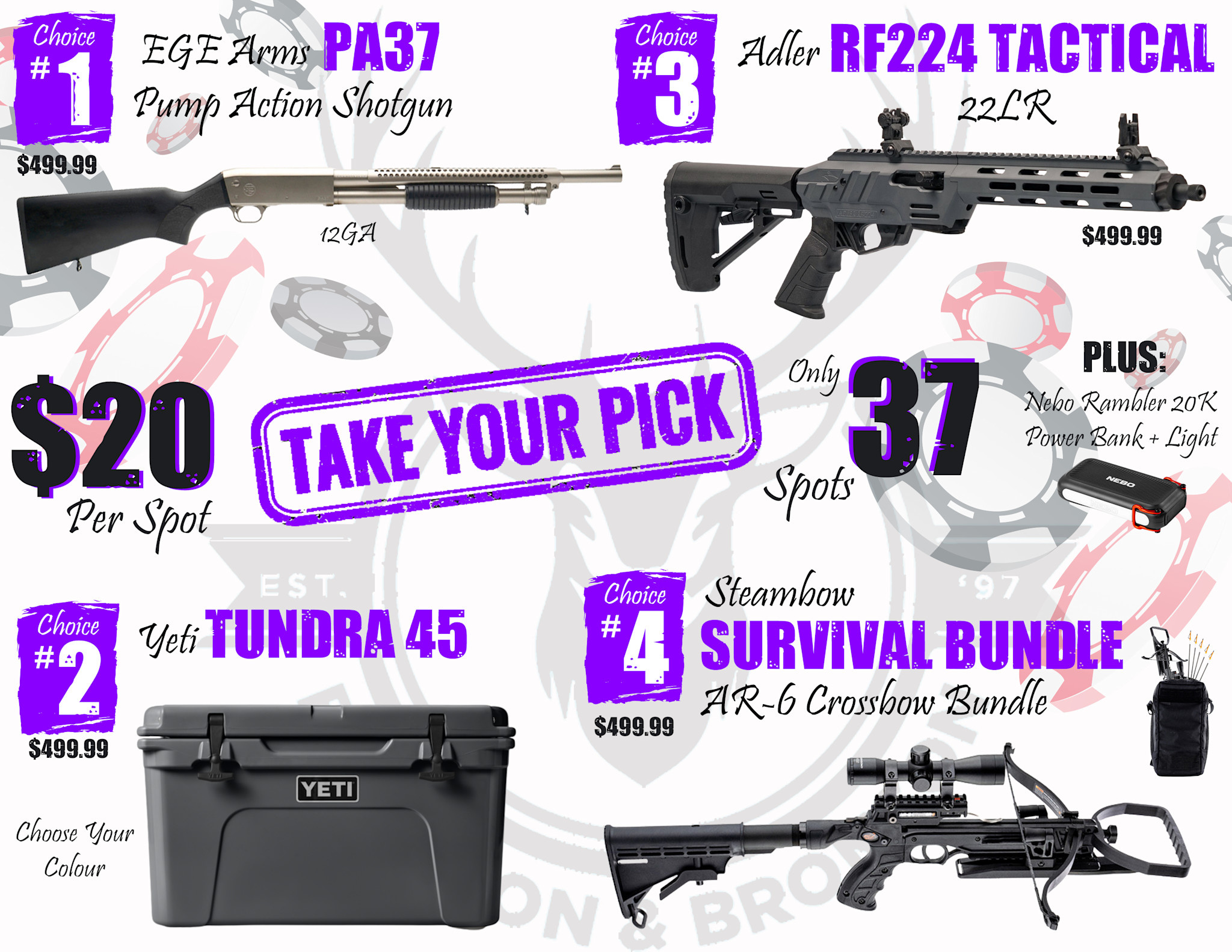 DRAW #1833 - Take Your Pick - EGE Arms, Yeti, Adler OR Steambow ...