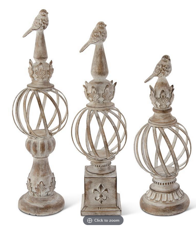 Set of 3 Whitewashed Metal Ball Finials w/ Bird - The Last Straw